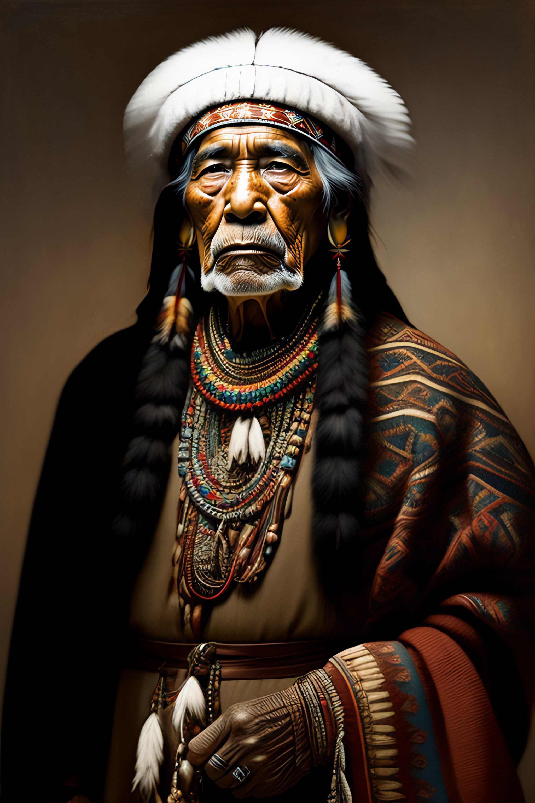 Lexica - Stoic native american elder in a rembrandt style with ...