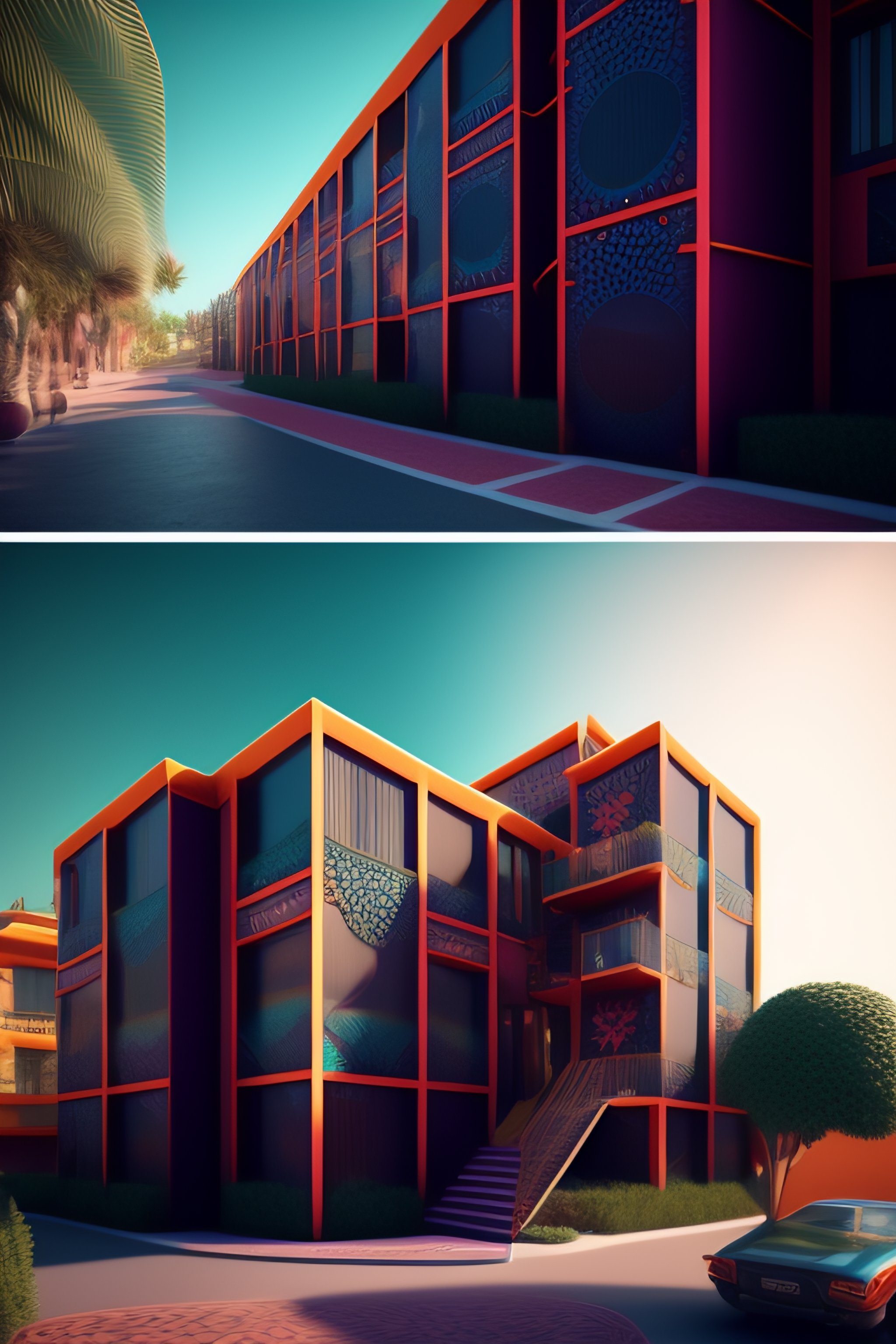 Lexica - The most psychedelic geometric patterned neighborhood imaginable, street view ...