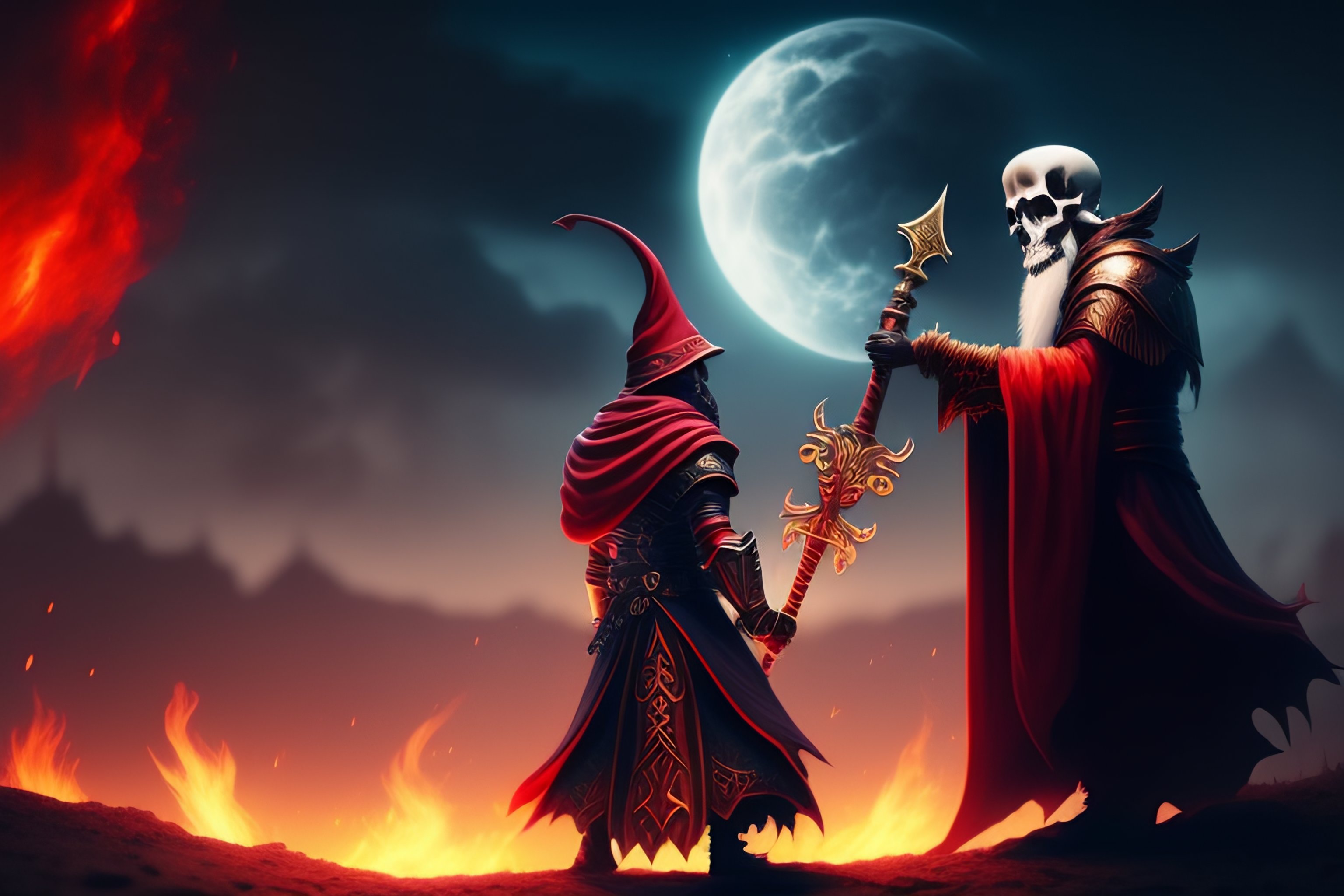 Lexica - Dark old wizard throwing red spells to a skeleton warrior ...
