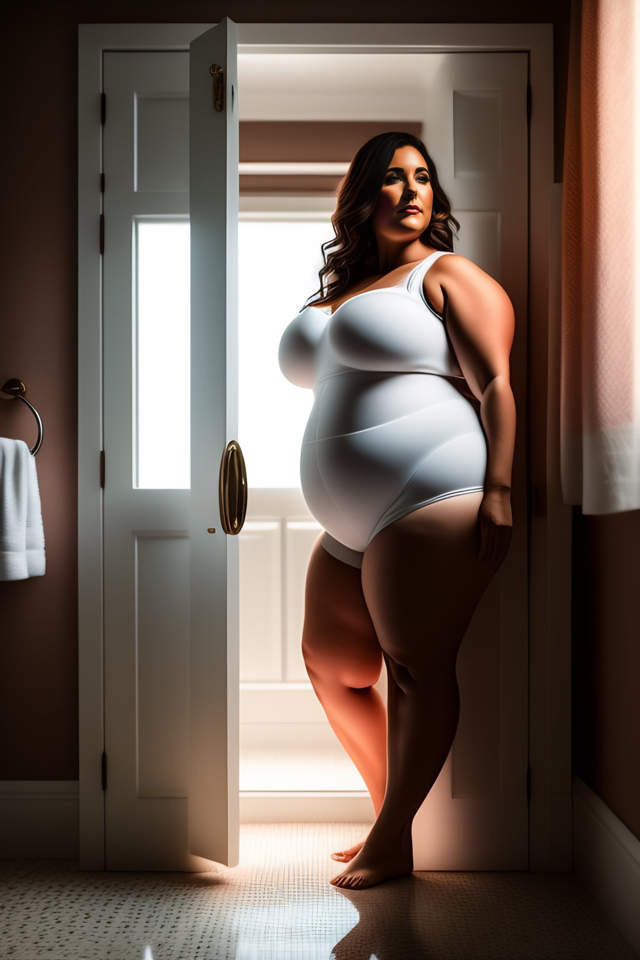 Lexica - Photo of a white thick woman standing in bathroom