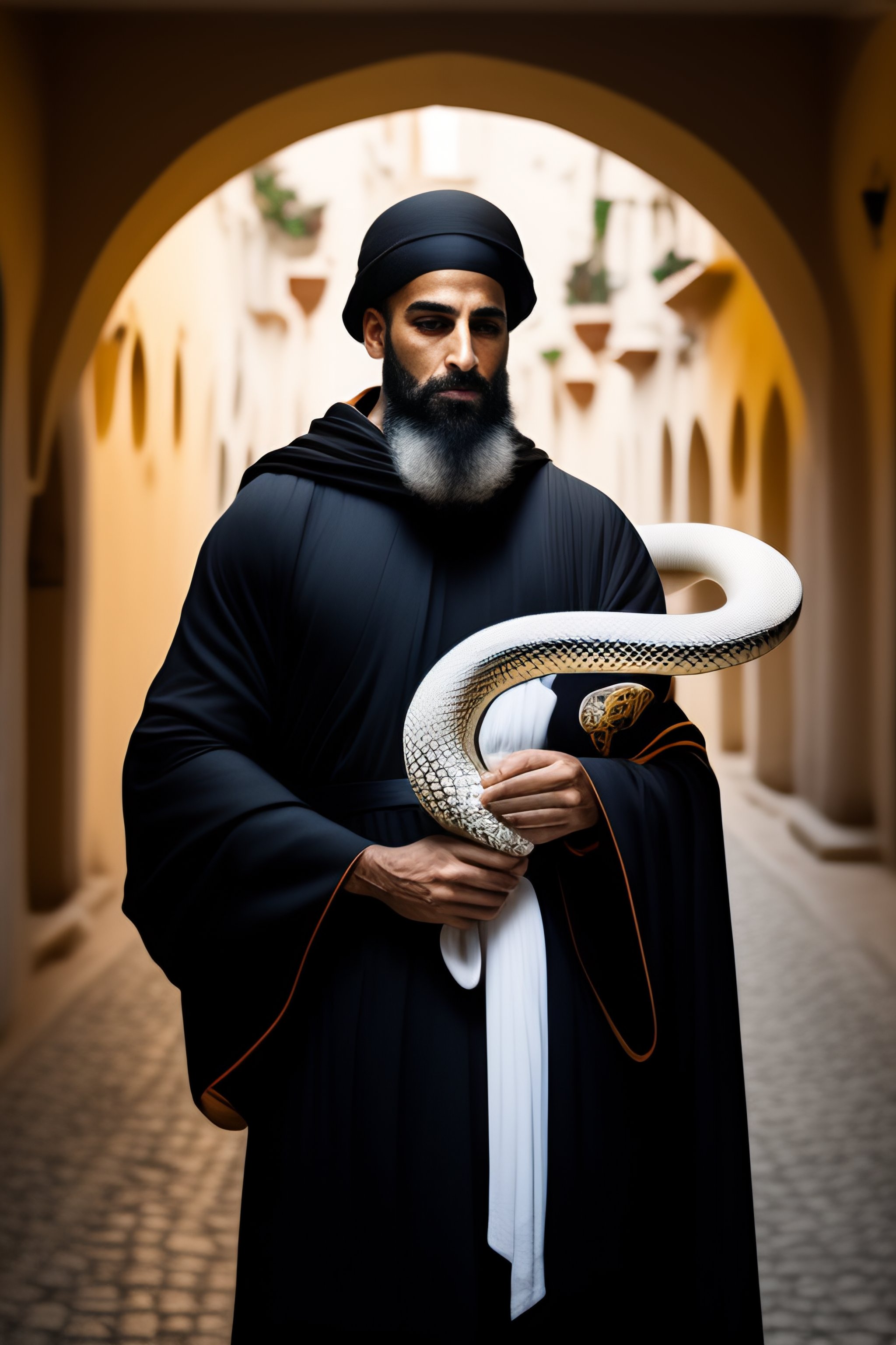 Lexica - Greek monk in dark robe hold a white snake