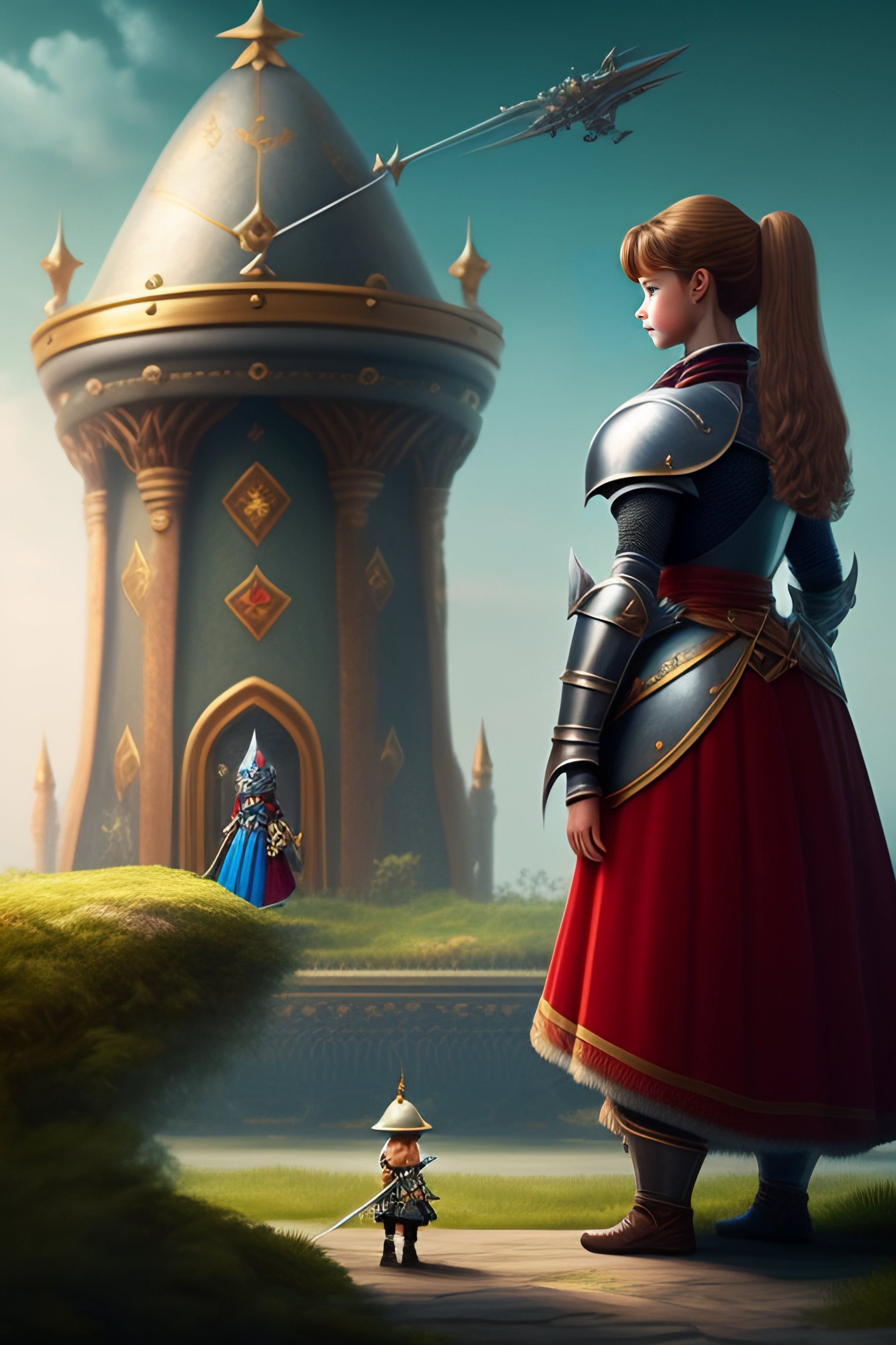 Lexica - The little knight approaches the giant sitting princess