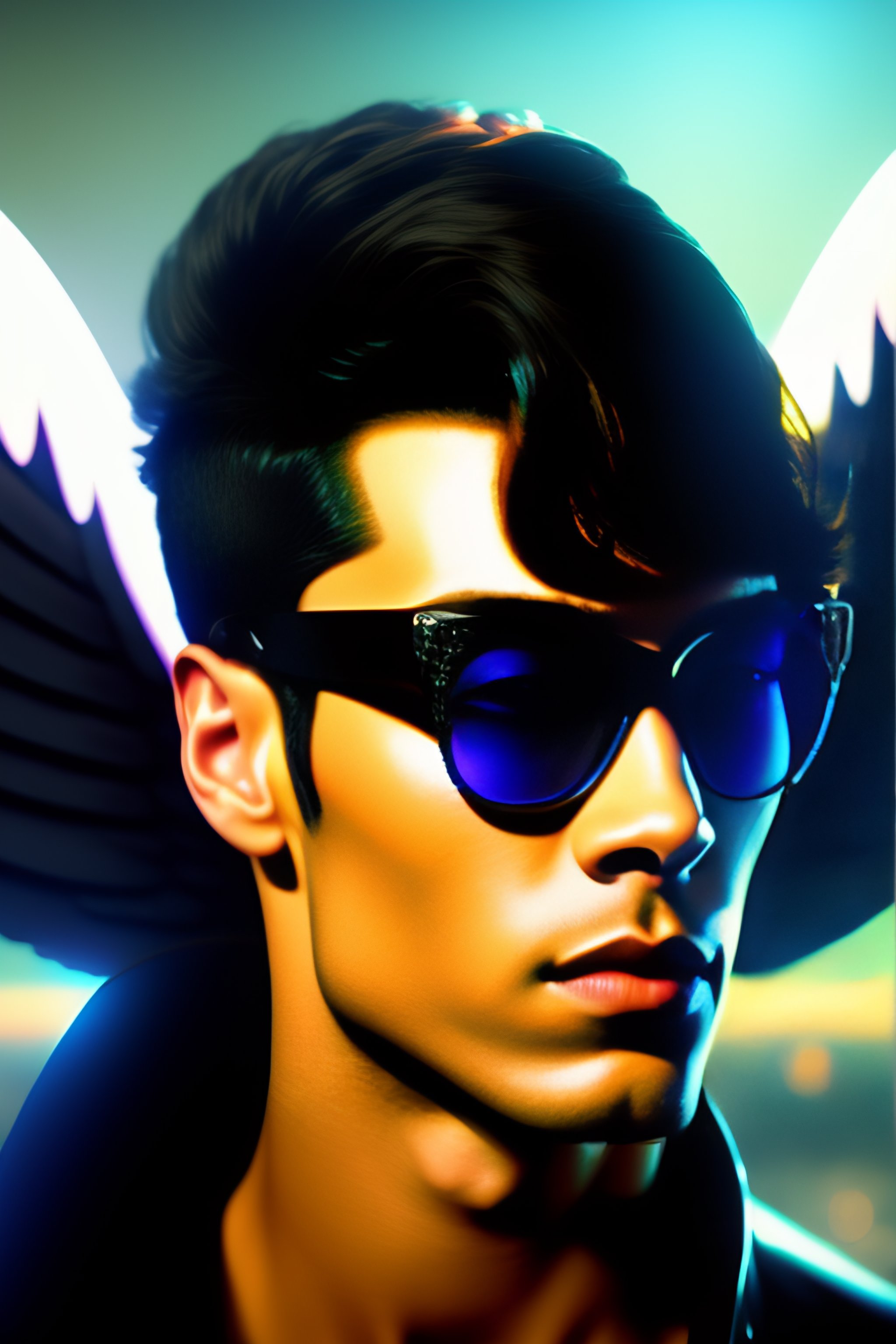 Lexica - An young man angel,matrix movie style ,synth wave, neo black ...