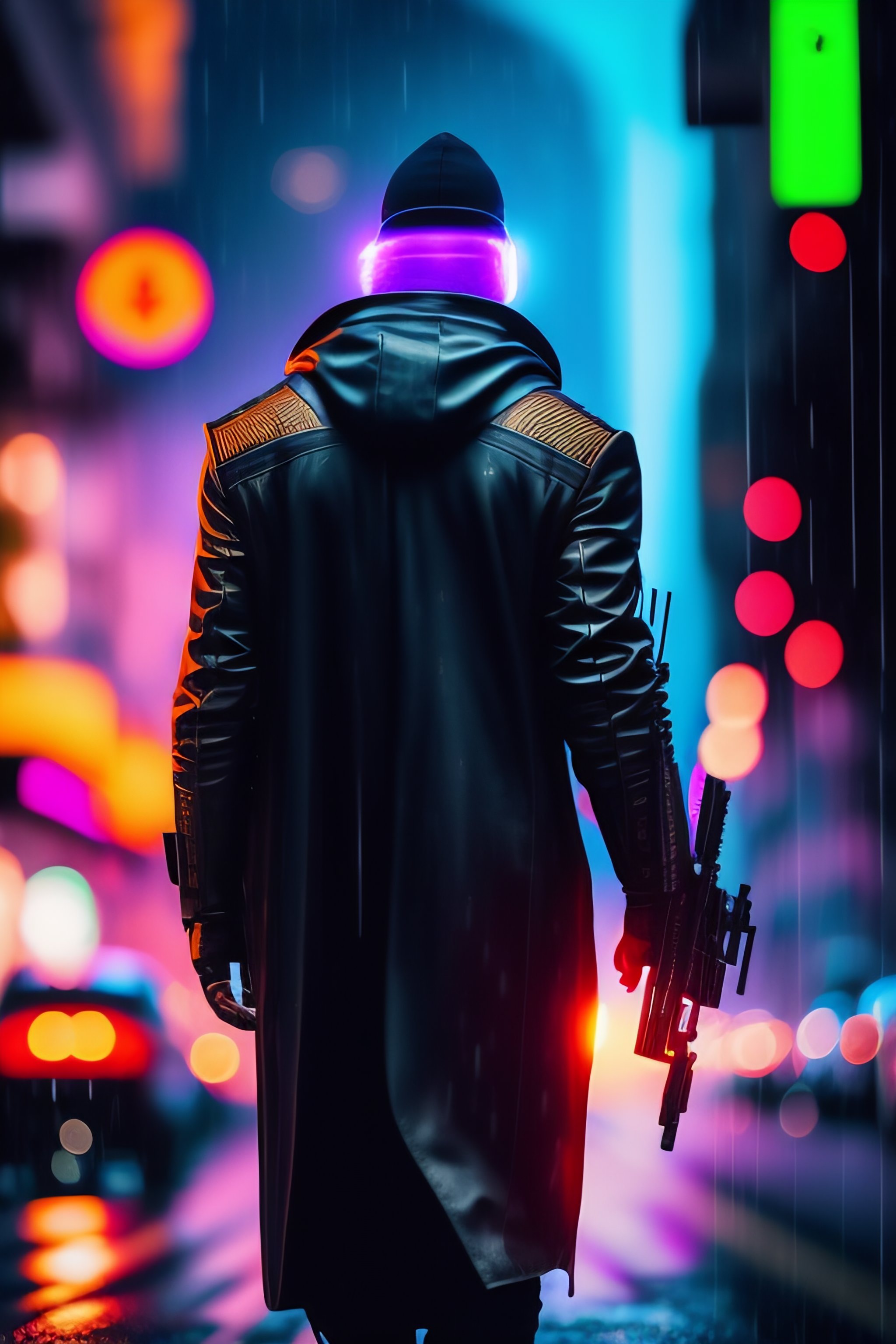 Lexica - Futuristic cyberpunk masked assassin, holding a gun, full body ...