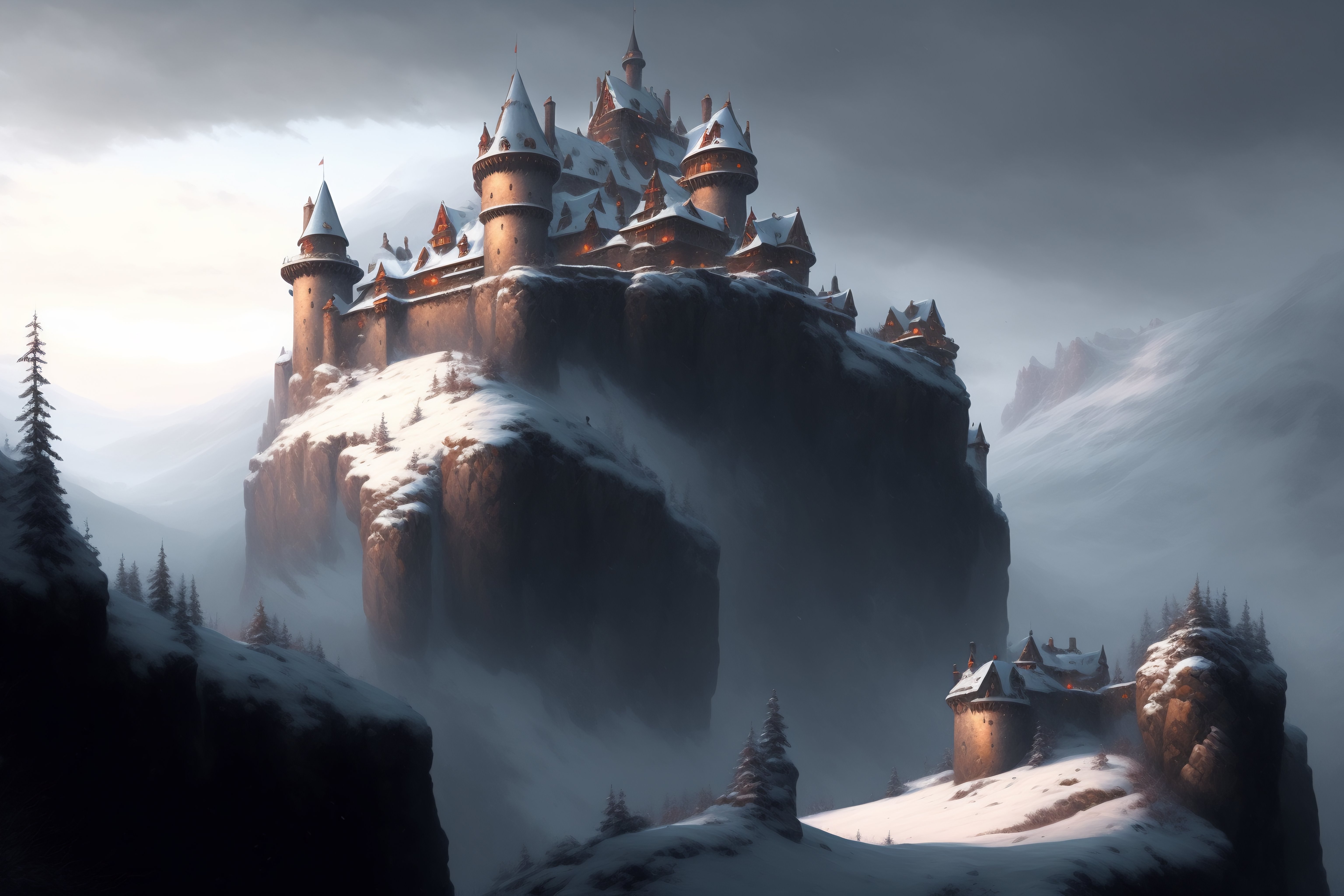 Lexica - Medieval castle on top of a mountain, artstation, jakub rozalski