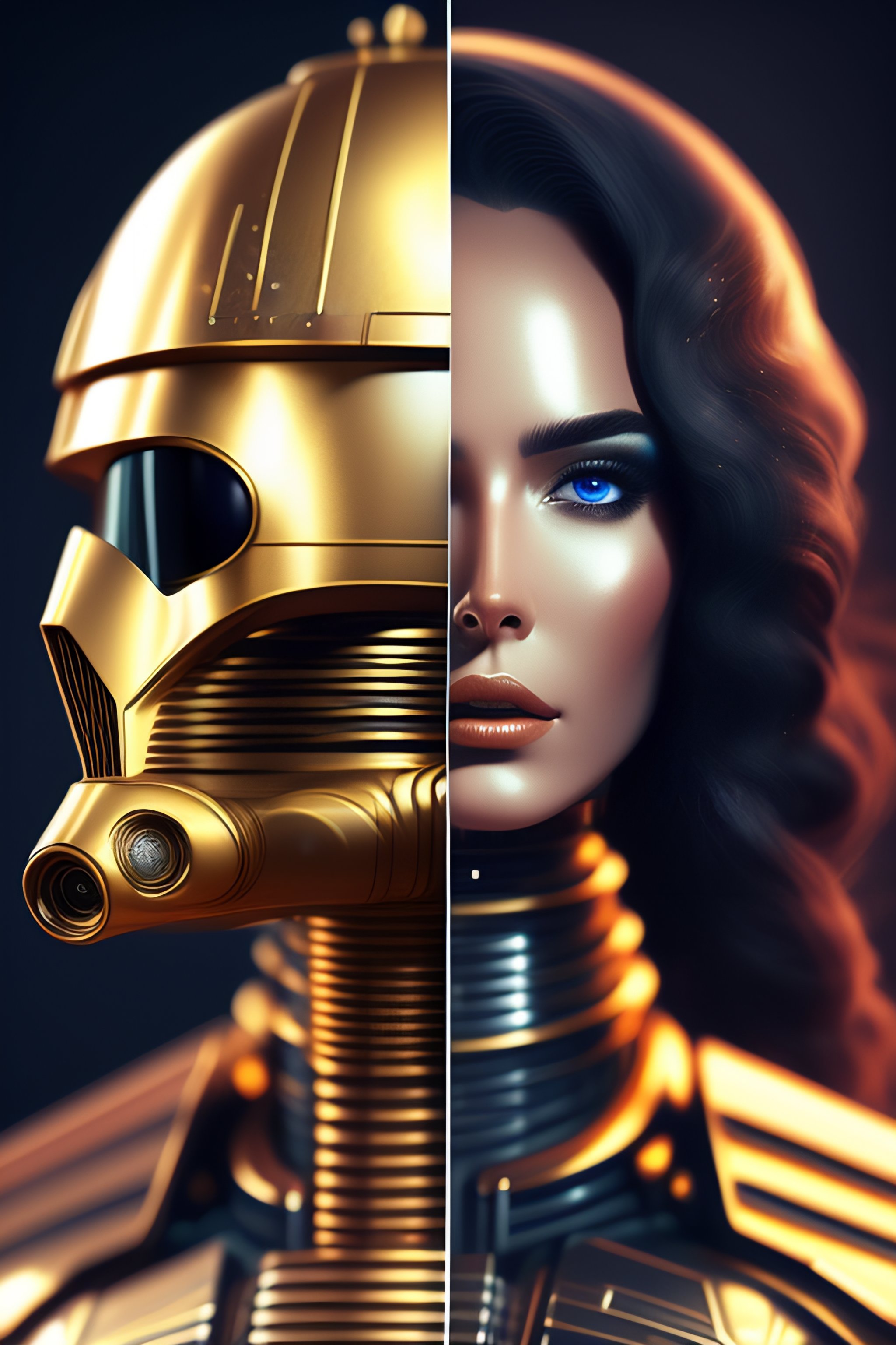 Lexica - Robot illustration with male and female face, cinematic lightning, like c3po star wars