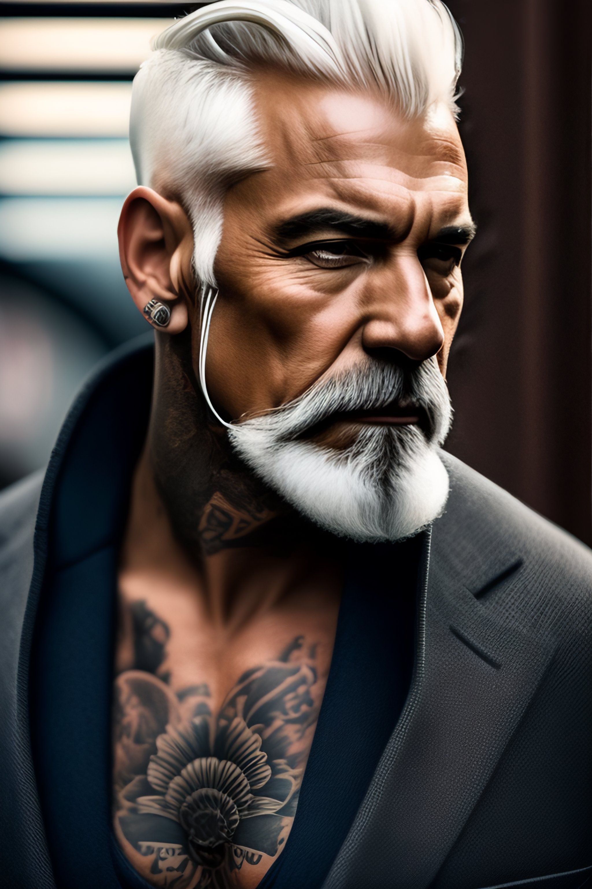 Lexica - Man grey hair strong tattoos butcher