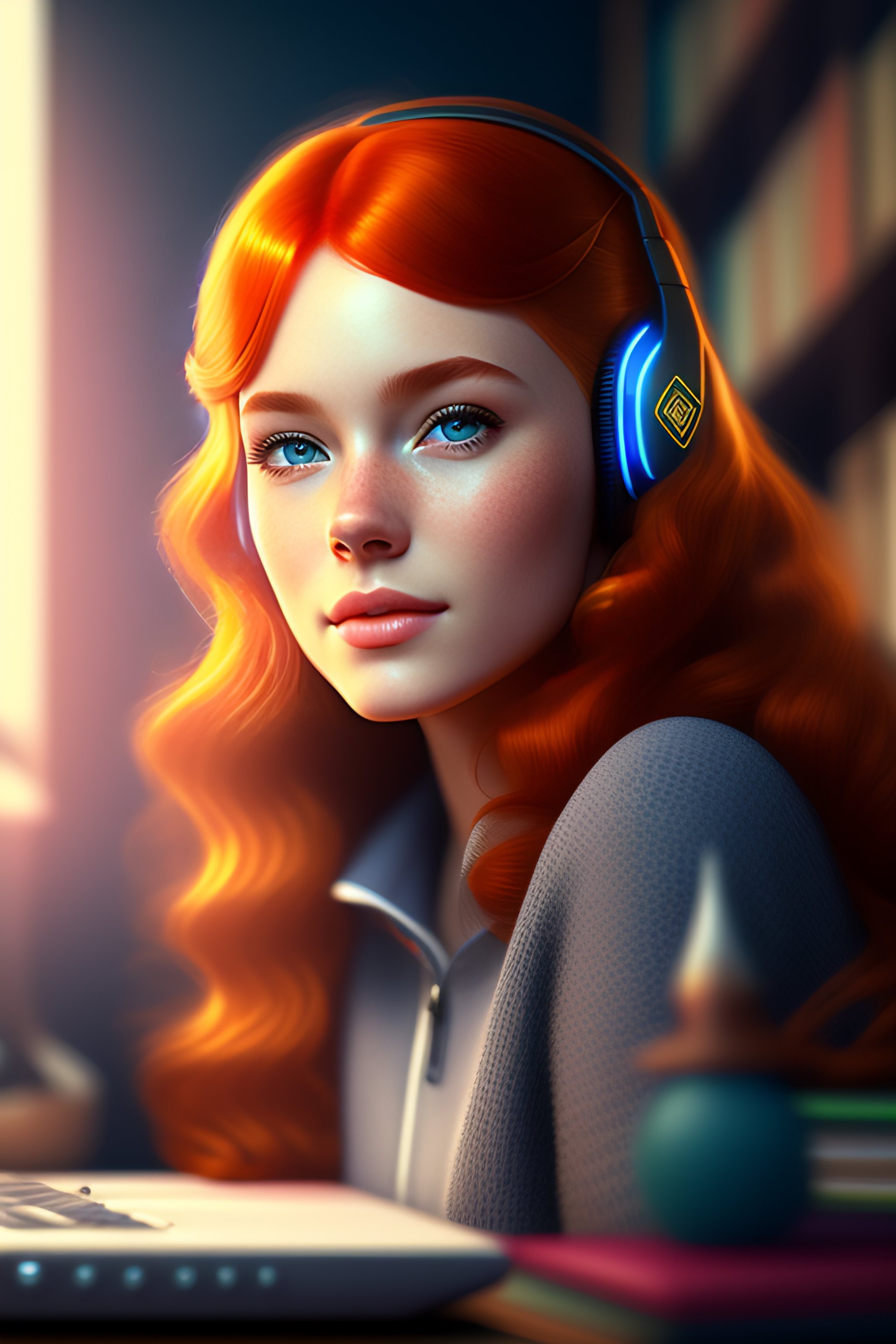Lexica - Photo of cute young redhead girl gaming at her desk in bedroom ...