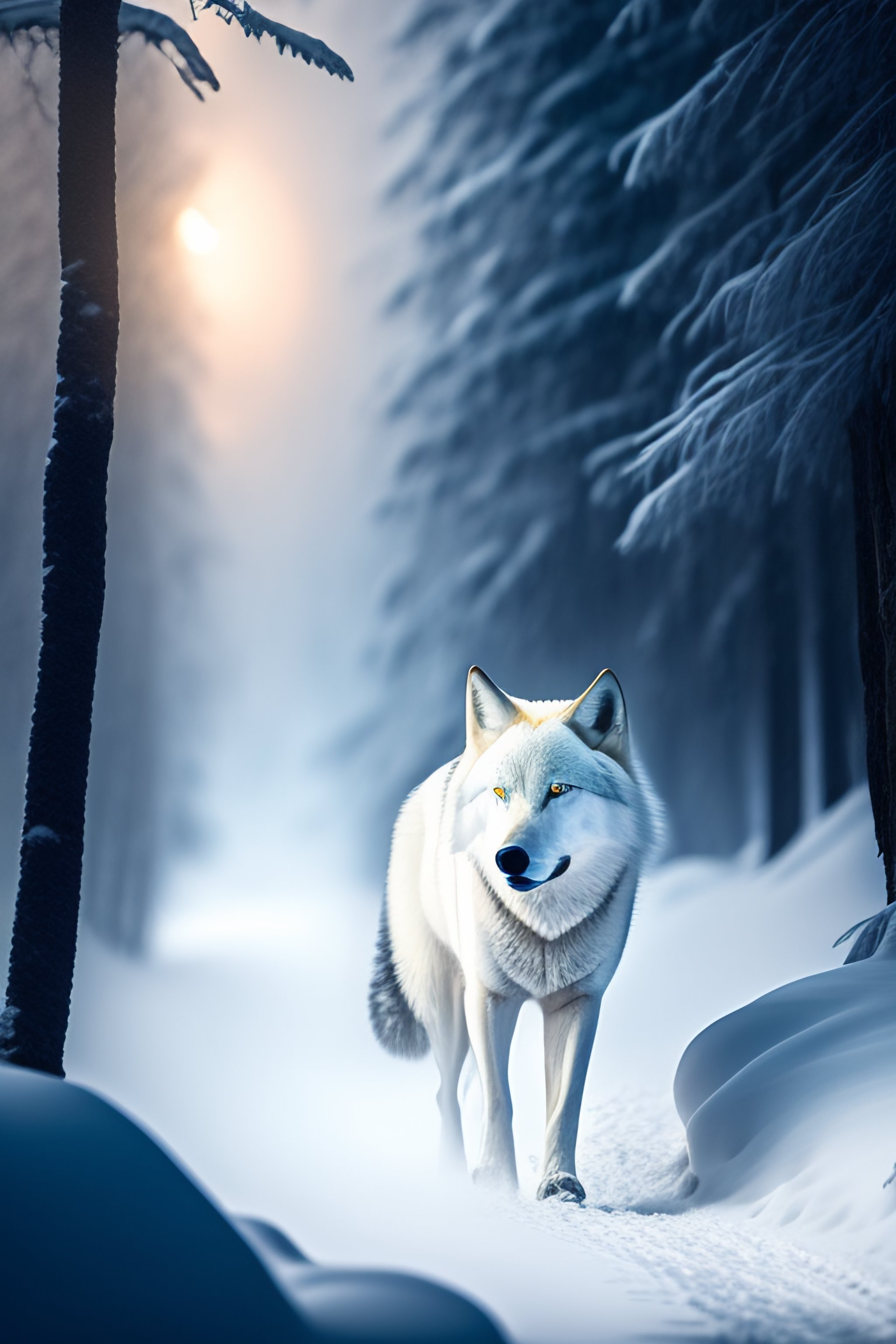 Lexica - White wolf walking slowly through blizzard at night