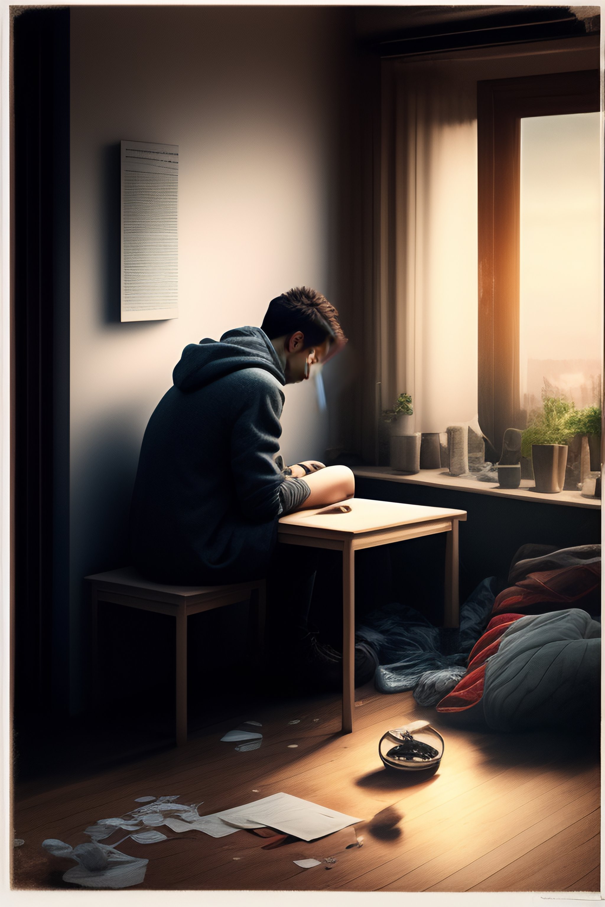 Lexica - A person is sitting alone in a room, with a blank expression ...