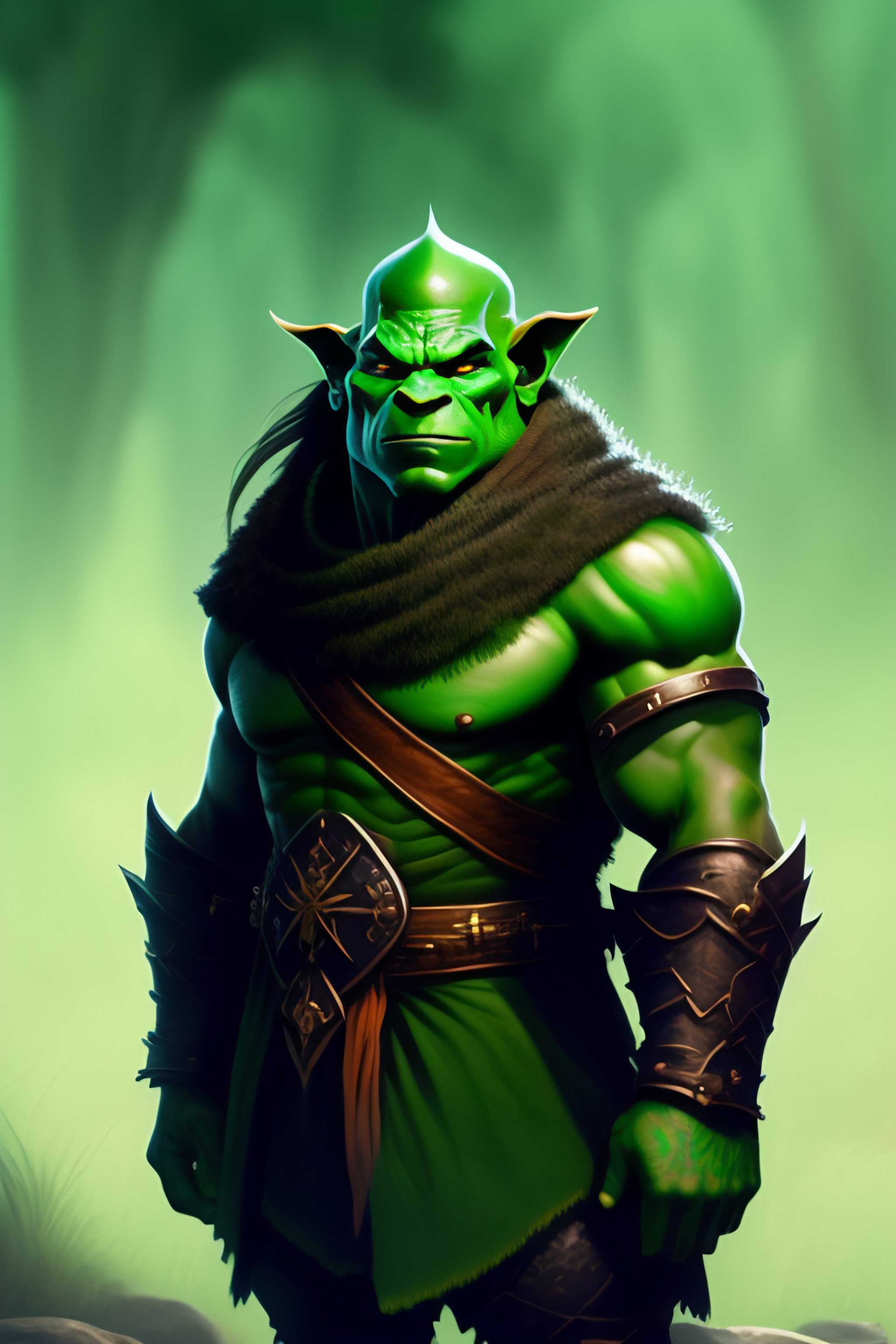 Lexica - A well-drawn friendly kind dark-green orc