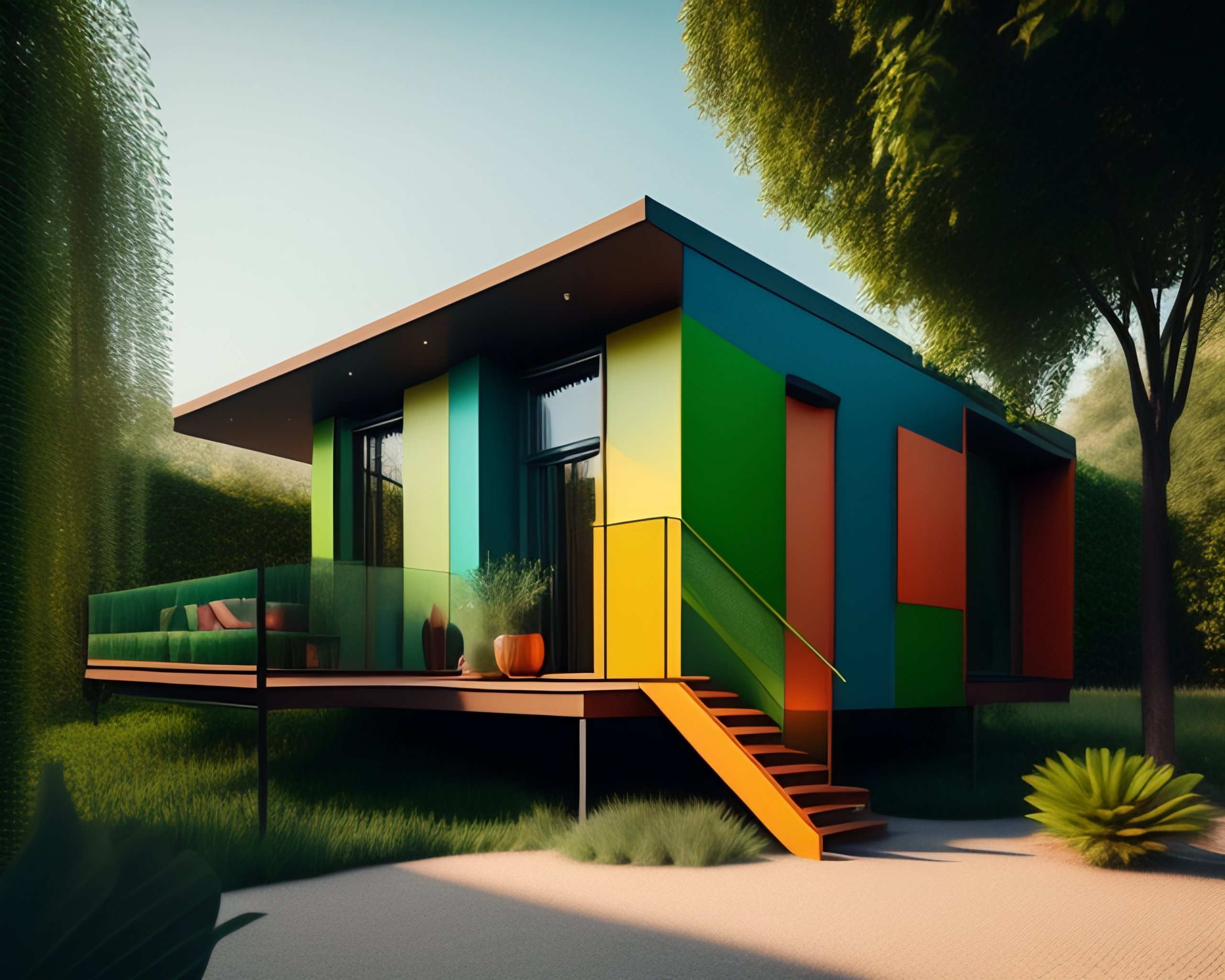 Lexica - Multicolor house with a big patio with vegetation, in Paris