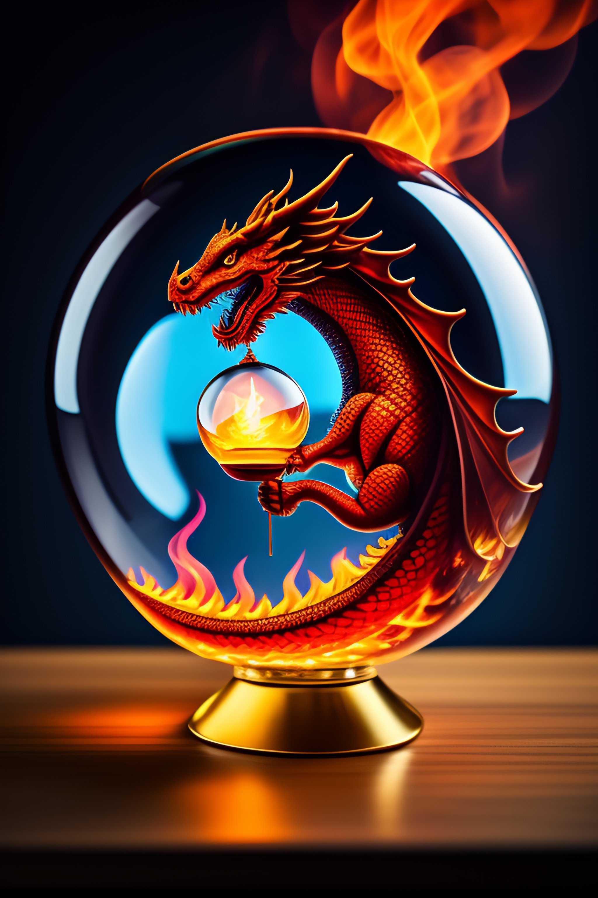 Lexica - Fire throwing dragon inside a glass ball on a table, fantasy ...