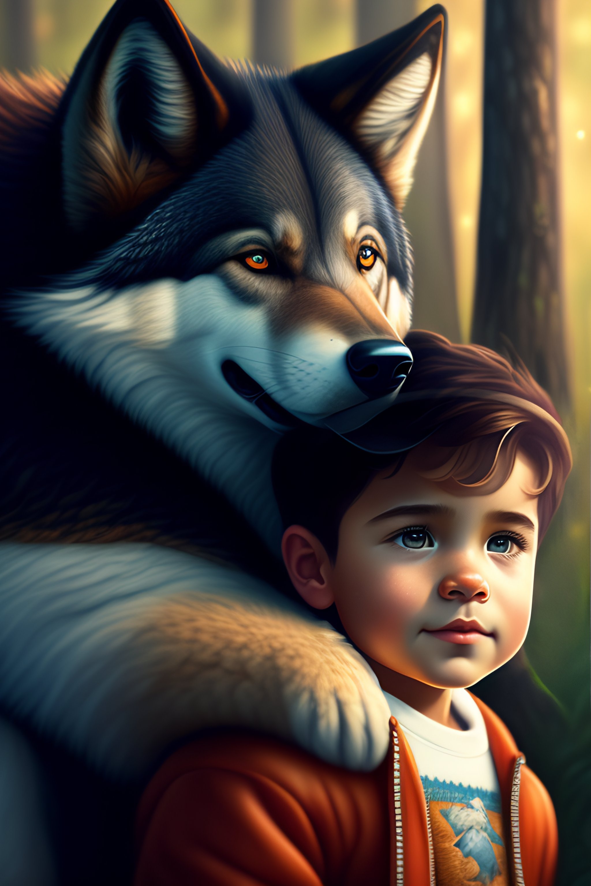 Lexica - A cinematic portrait of a little boy cuddling with a big wolf ...