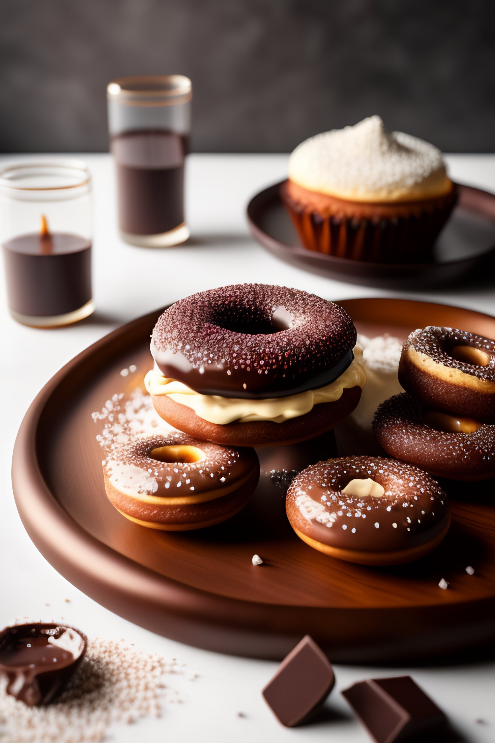 Lexica - Realistic detailed chocolate sprinkled donuts on a white plate ...