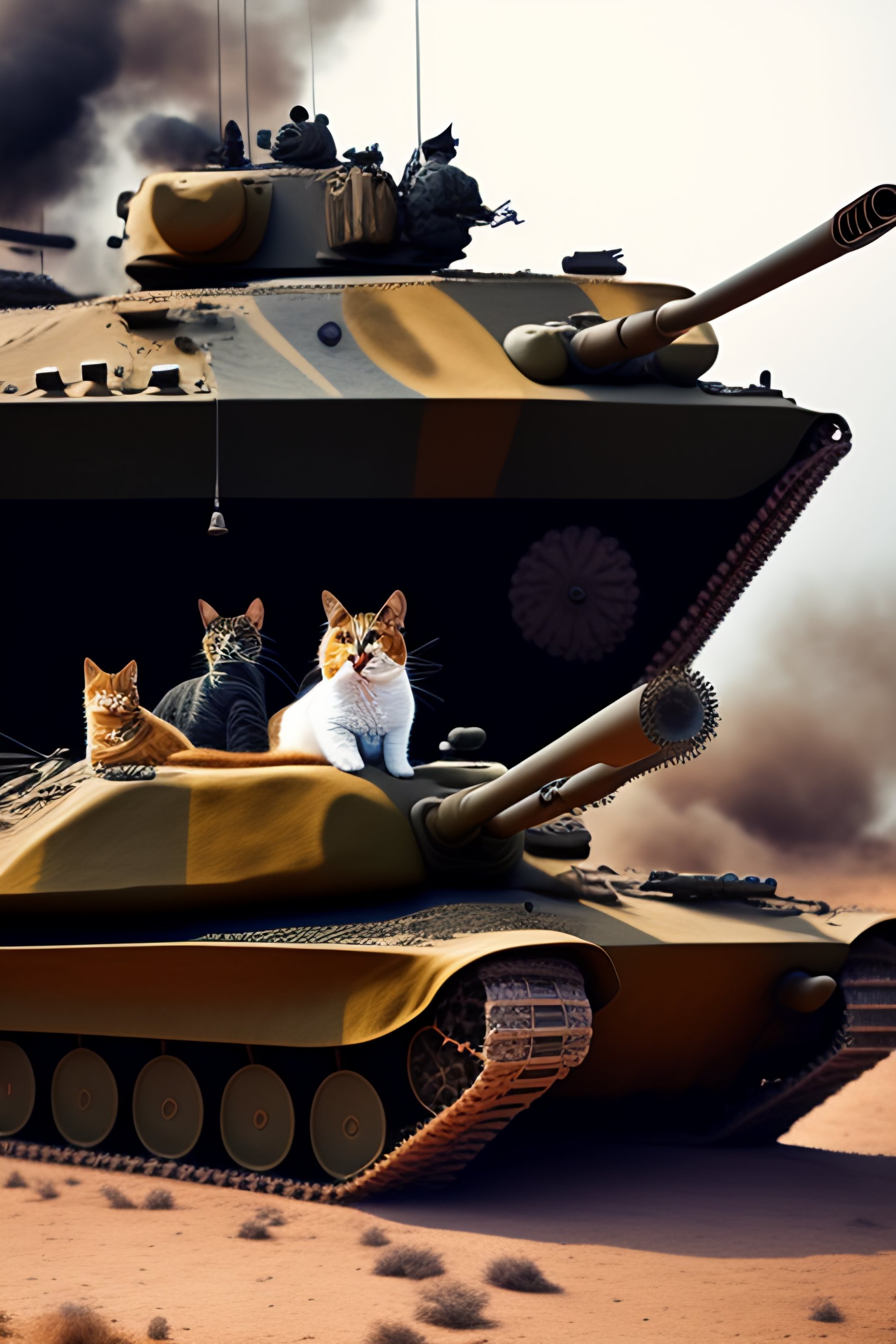 Lexica - Cute cats in war, heaving guns and tanks, fighting with dogs