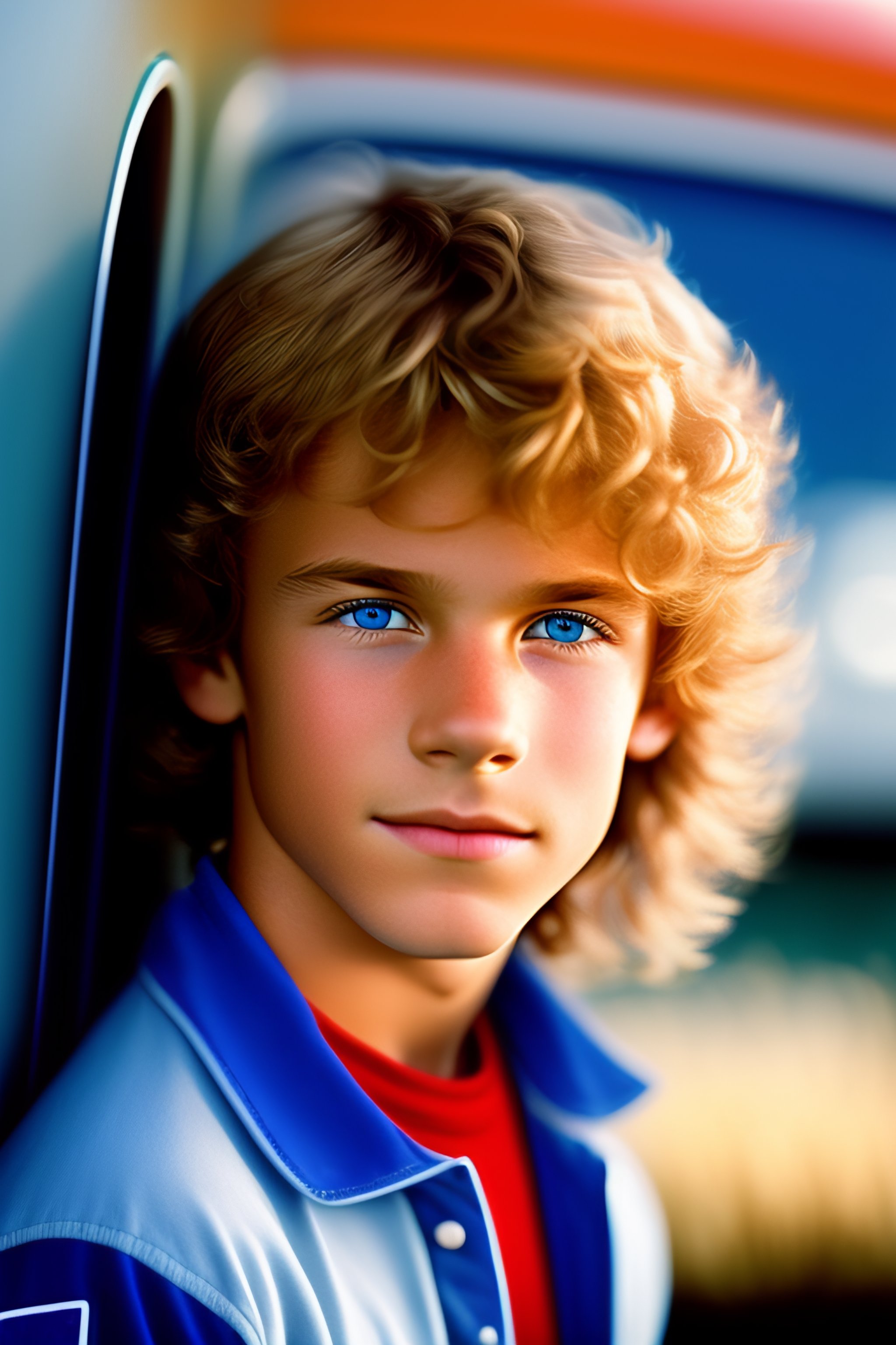 Lexica - 12 year old boy with wavy blond hair and blue eyes. He is ...