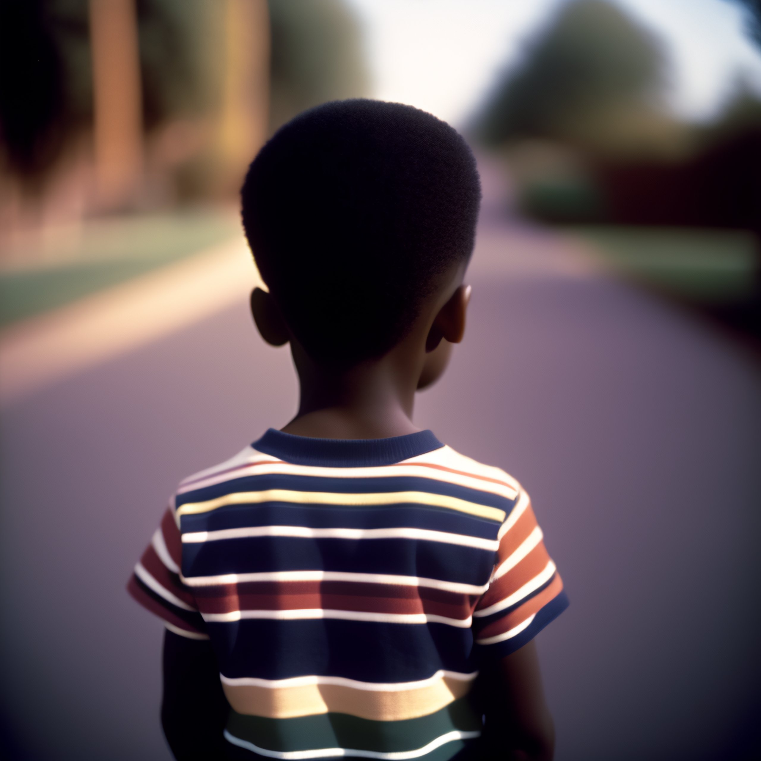 Lexica - Rear view of a young black boy wearing a striped shirt, 12mm ...