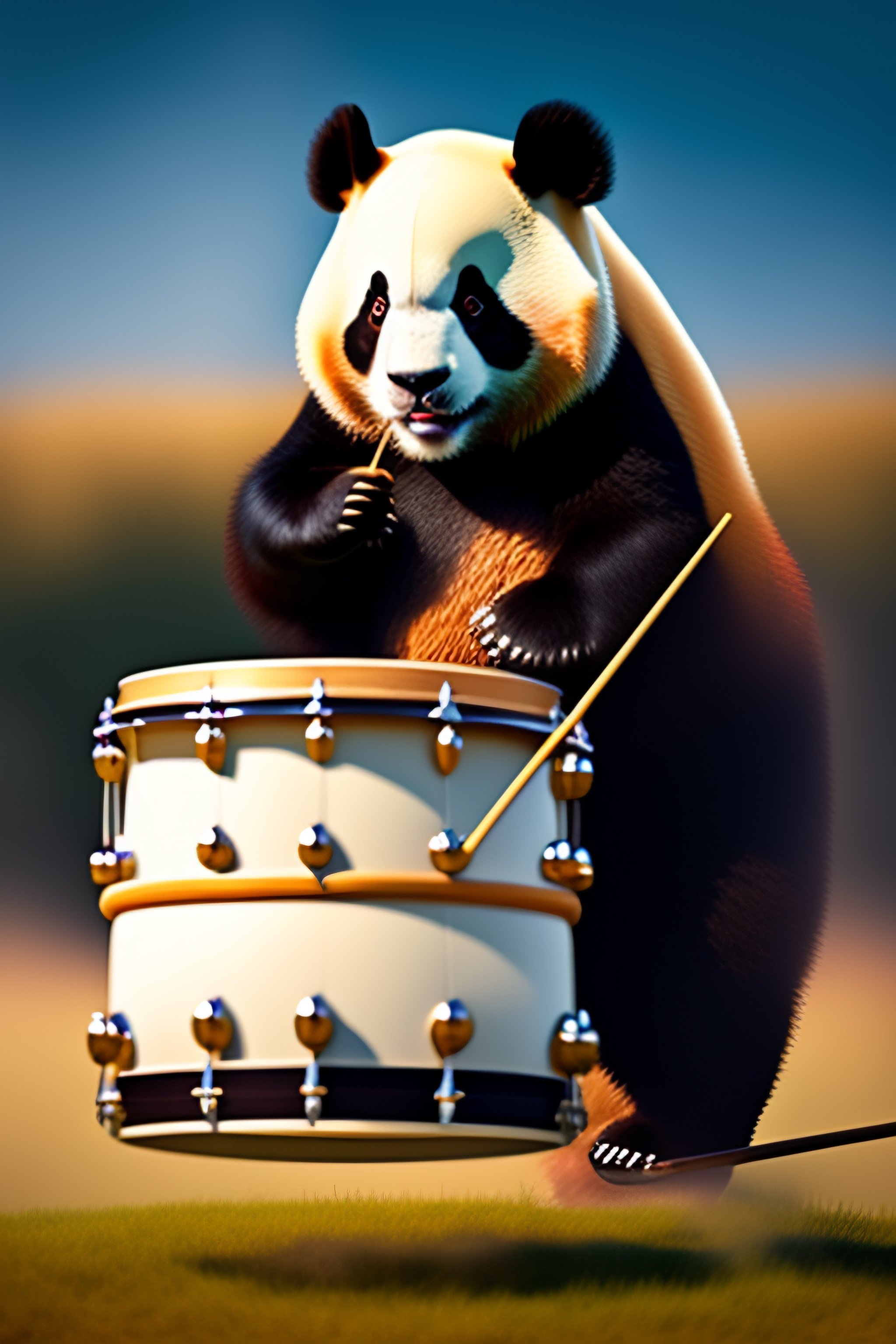 Lexica - Portrait of a panda playing the drums on a ranch