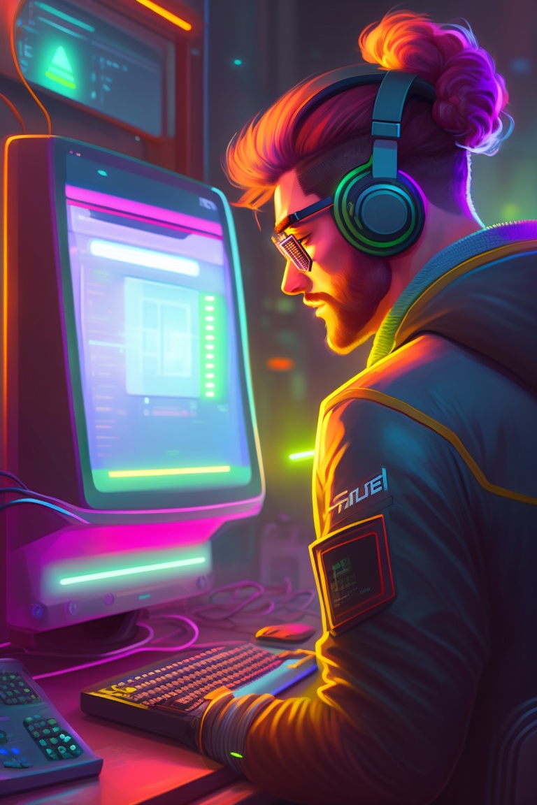 Lexica - A vibrant artstation illustration of a tech savy man playing ...