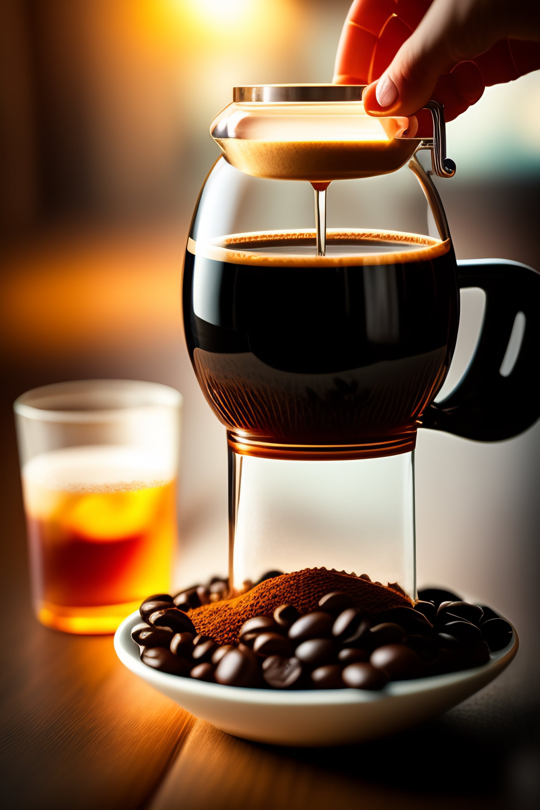 Lexica - A hand holding a coffee pot pours coffee beans from top to ...