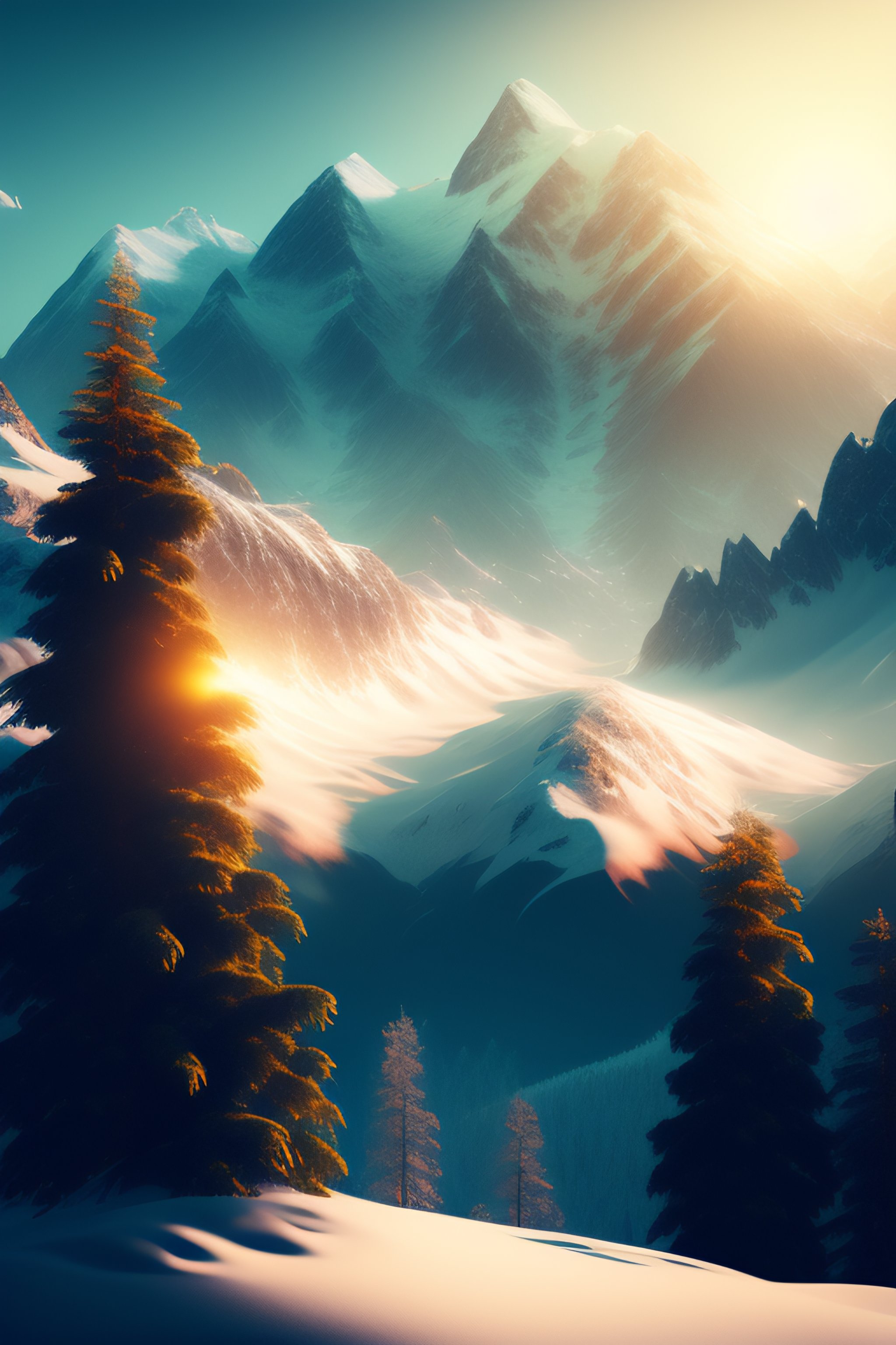 Lexica - Flare on snowy mountains, green forest background, sunny day ...