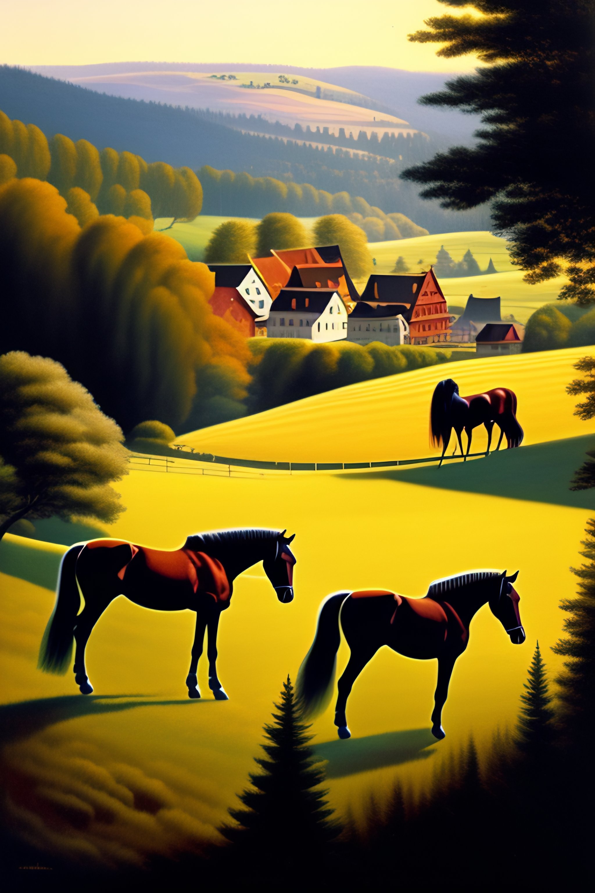 Lexica - Landscape hills horses firs, villages, poster vintage