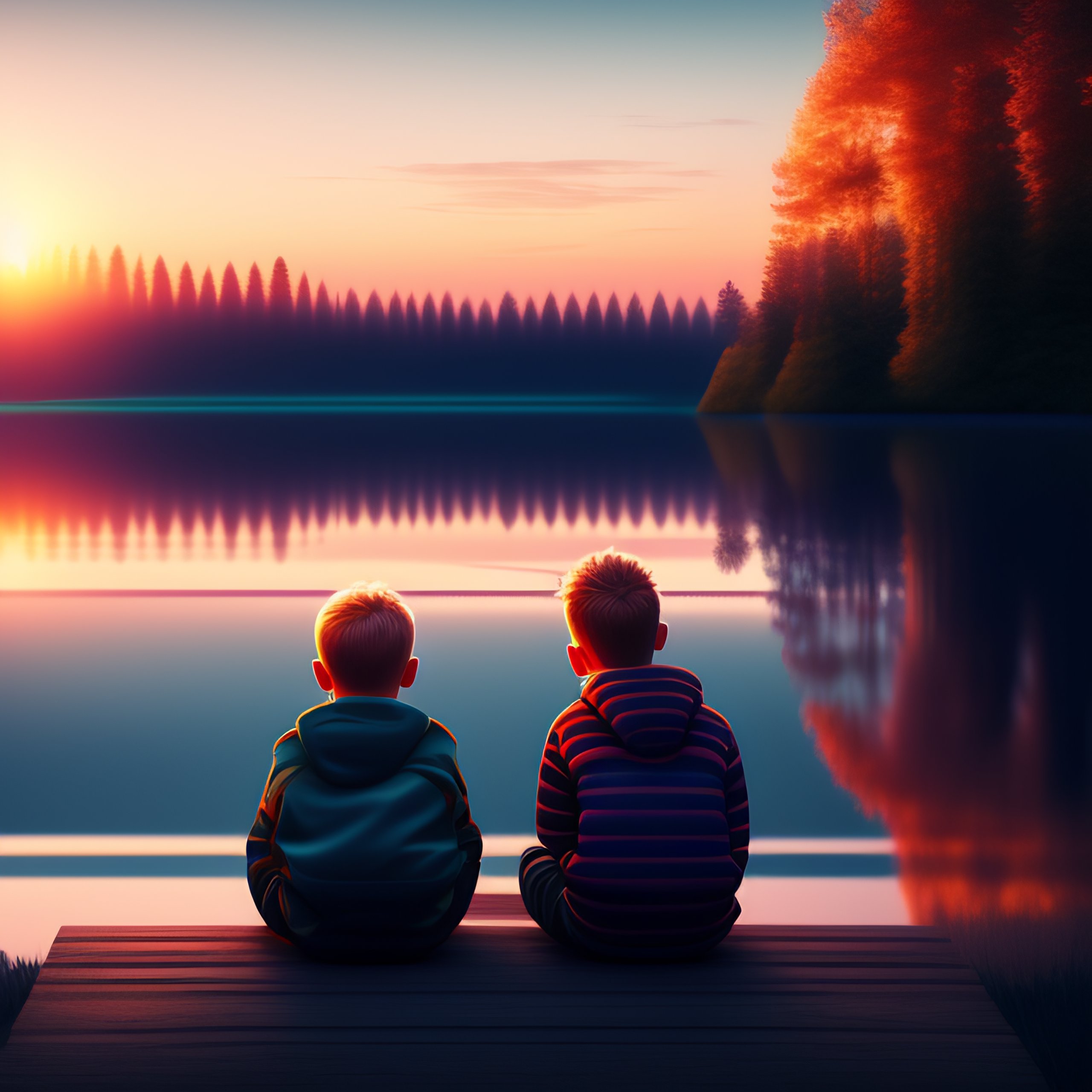 Lexica - Kids sitting on the ground watching sunset on the lake, german ...