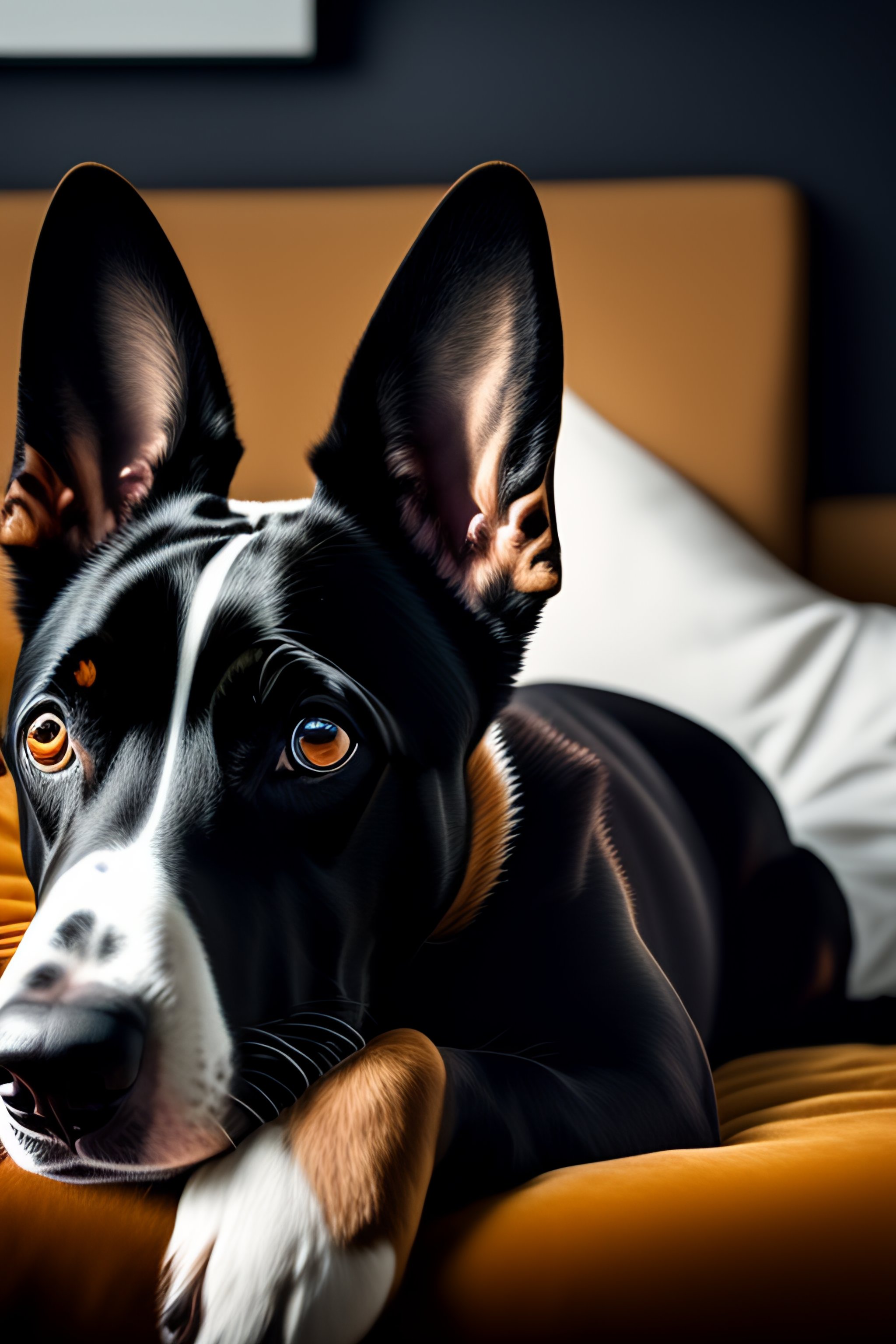 Lexica - A black short dog with dark brown eyes big ears and big tail ...