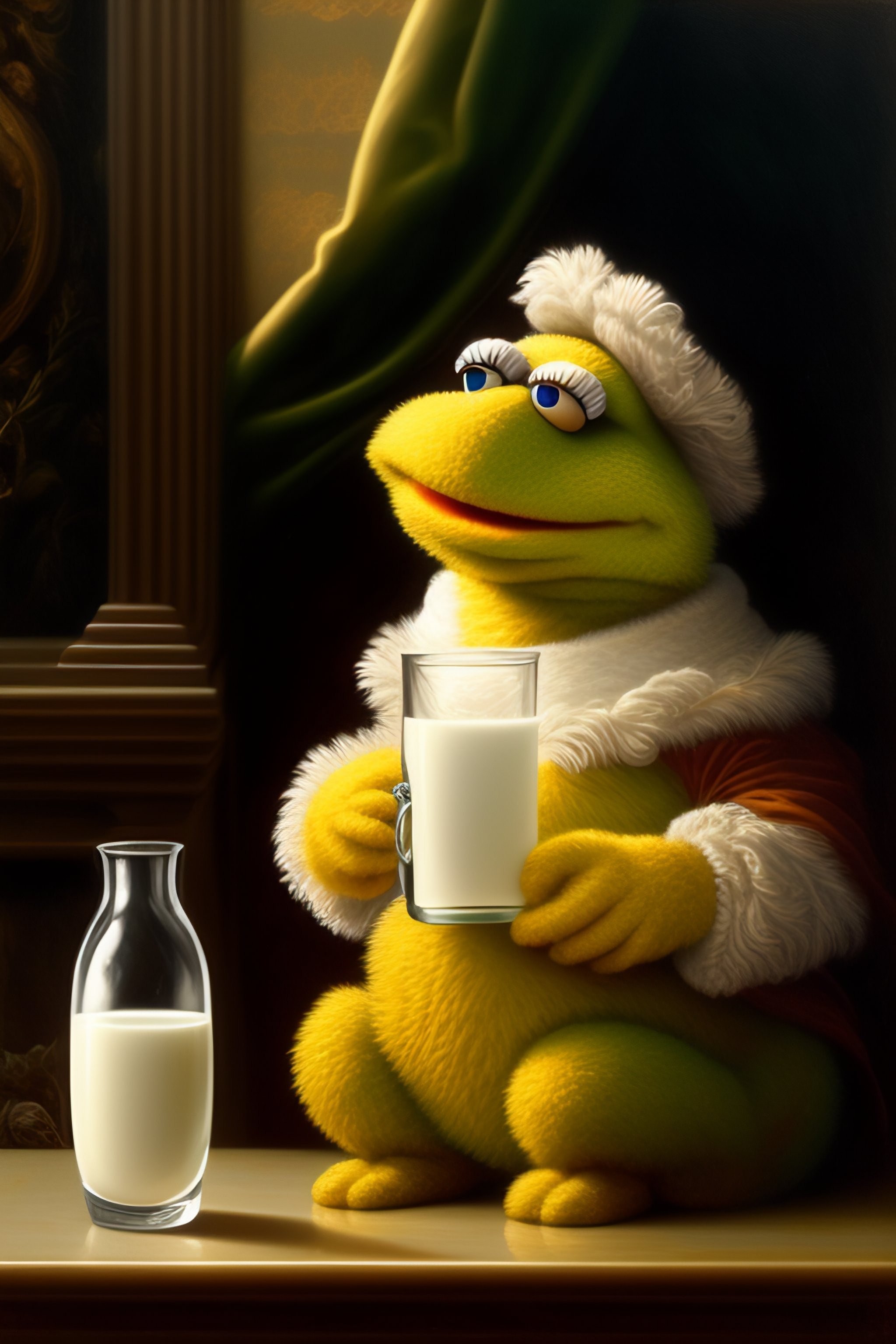 Lexica - Muppet holding a glass of milk in the style of Gustave Dore