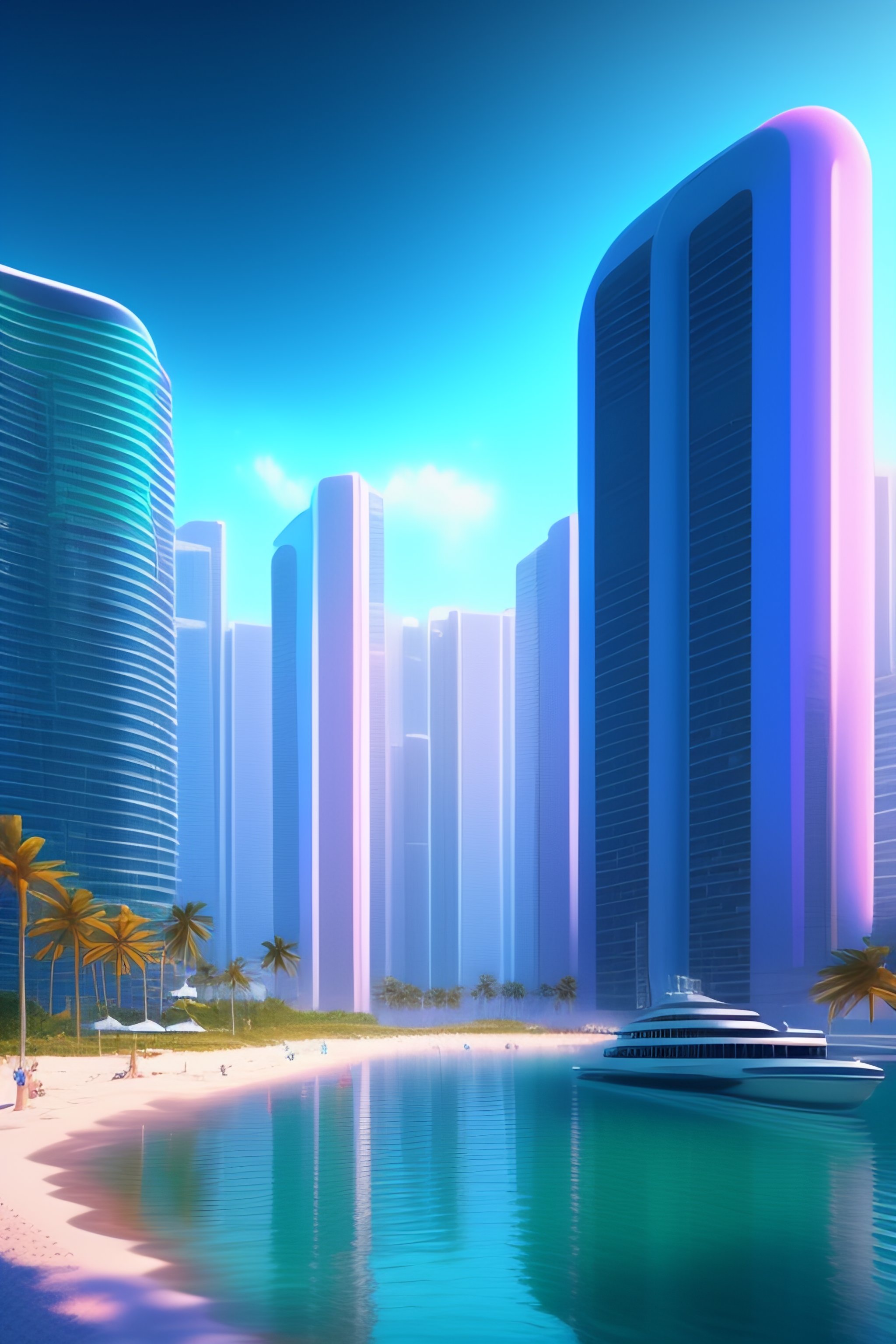 Lexica - Futuristic miami with crowded beach and humongous glass ...
