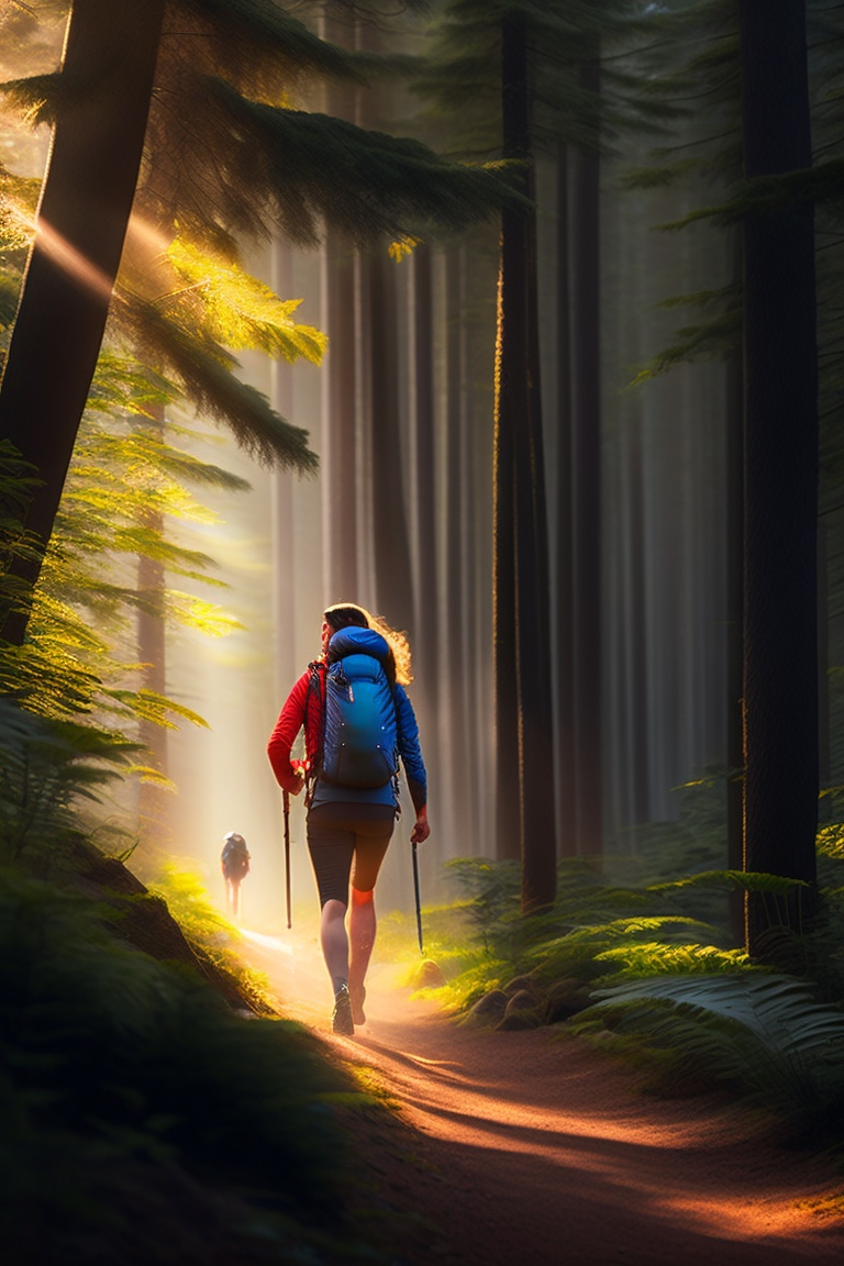 Lexica - A hiker trekking through a dense forest, with rays of sunlight ...