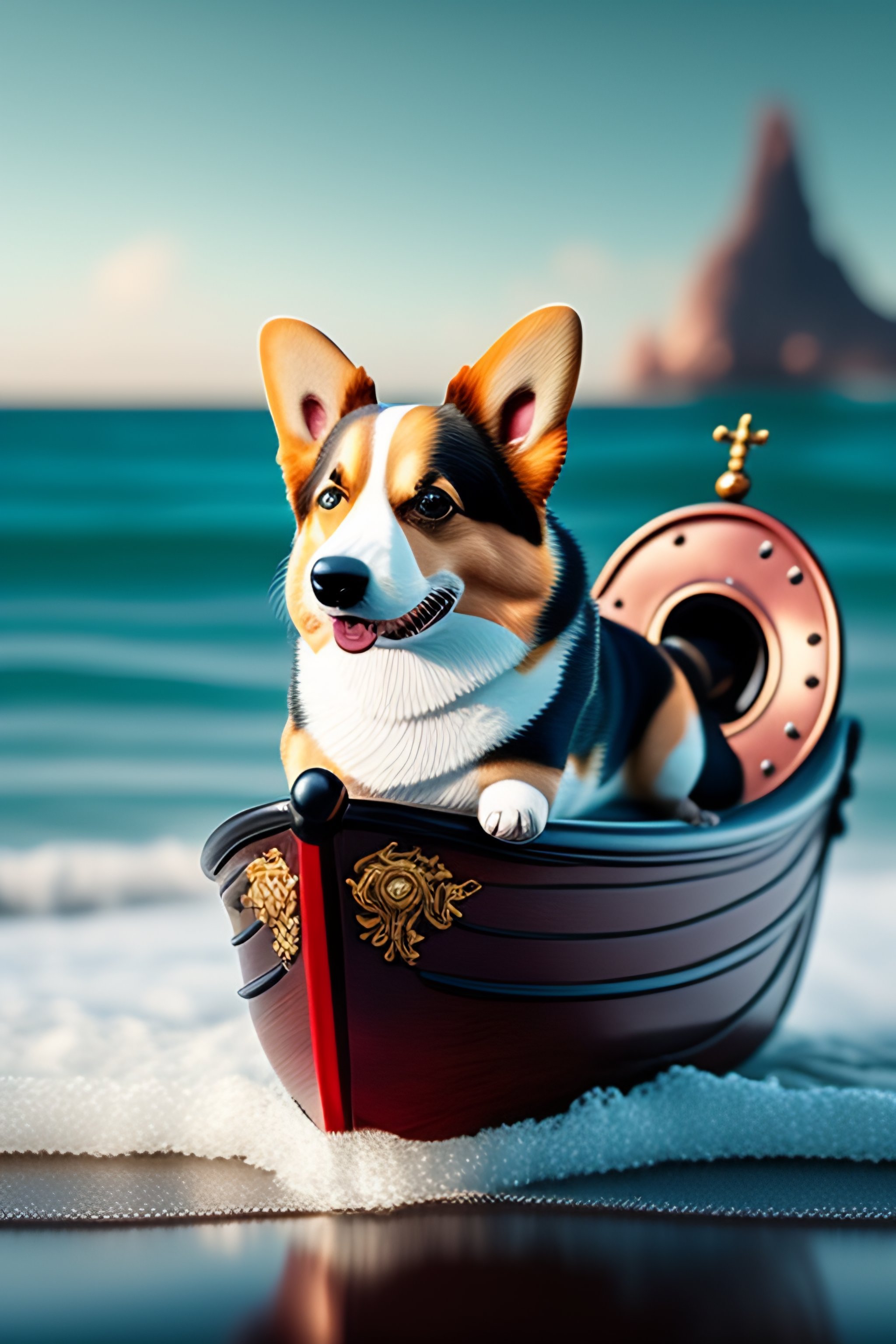 Lexica - A pirate anthropomorphic corgi, corgi on a pirate ship in the sea