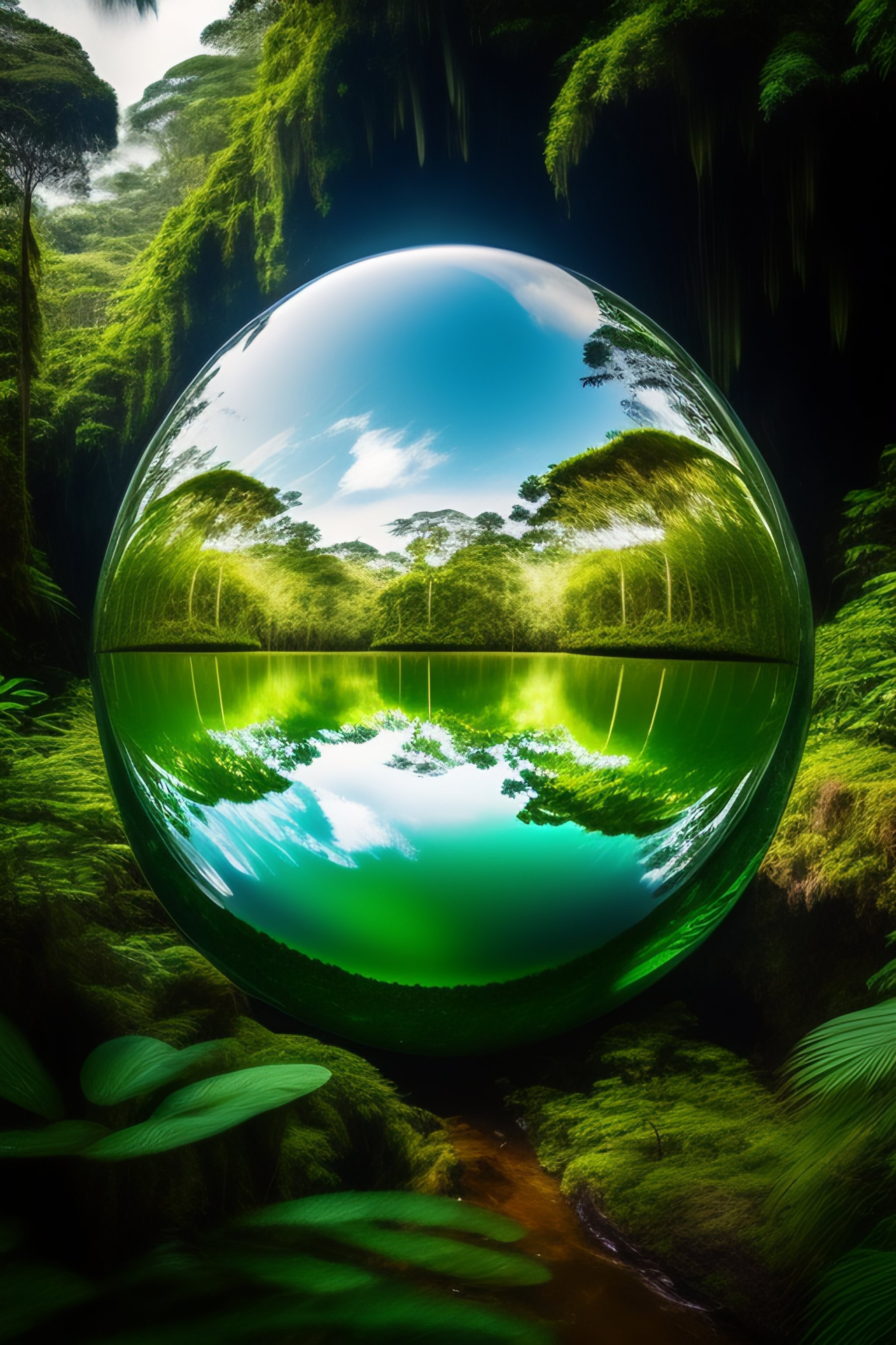 Lexica - Photo of a glass sphere in the amazon rainforest