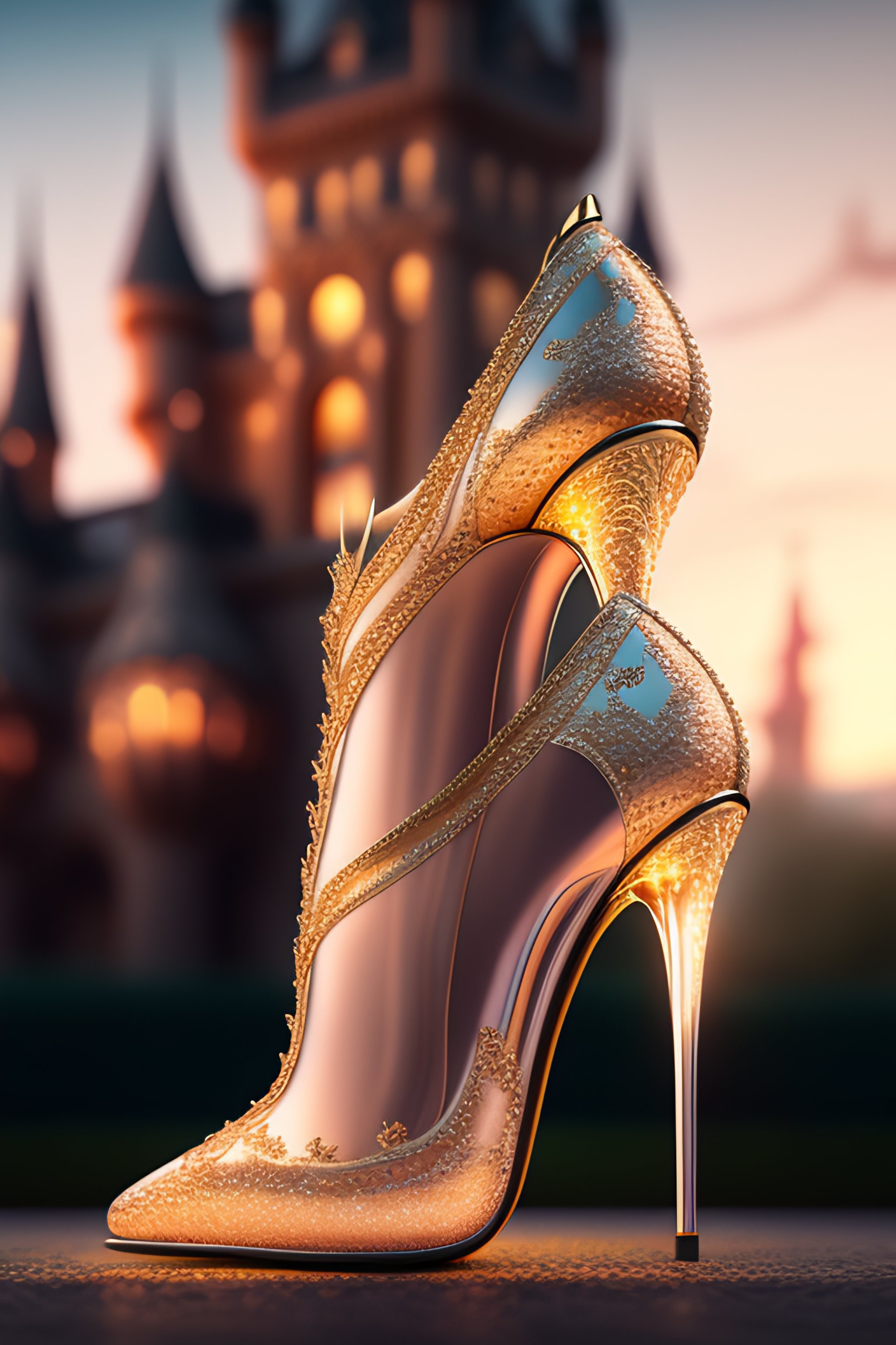 Lexica - Shiny clear intricate high heel shoe in front of a castle, 8k ...