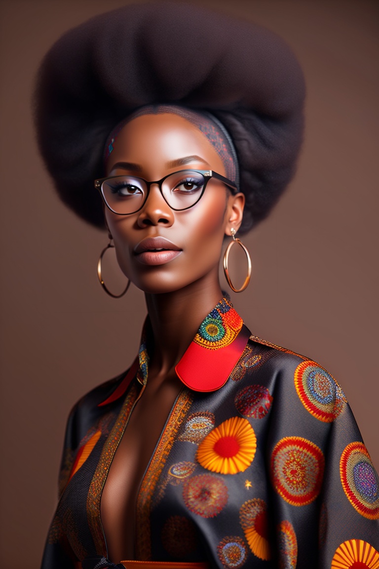 Lexica - A black model with afro hair and glasses wearing a dress made ...