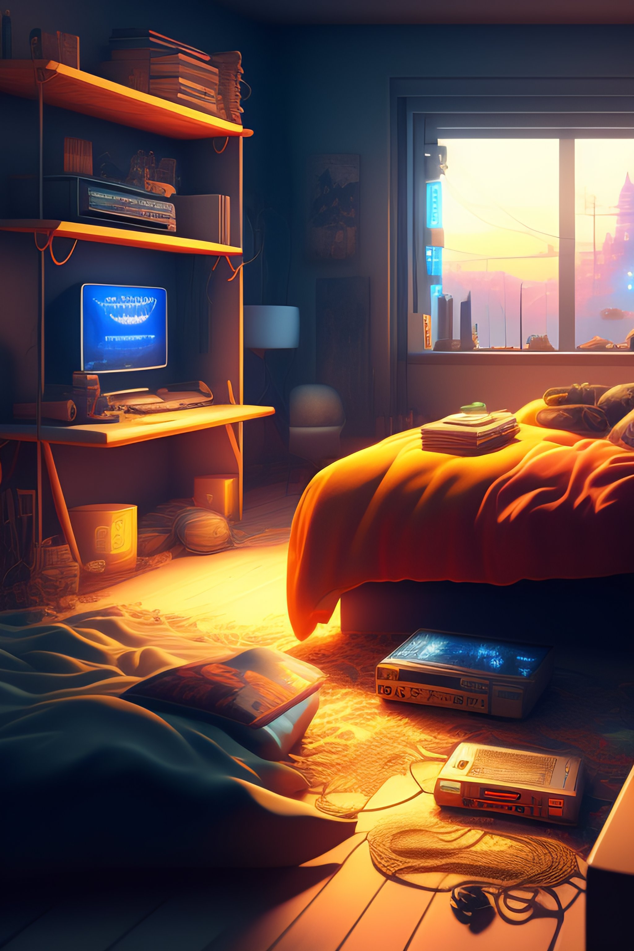Lexica - A highly detailed illustration of a messy gamer's bedroom ...