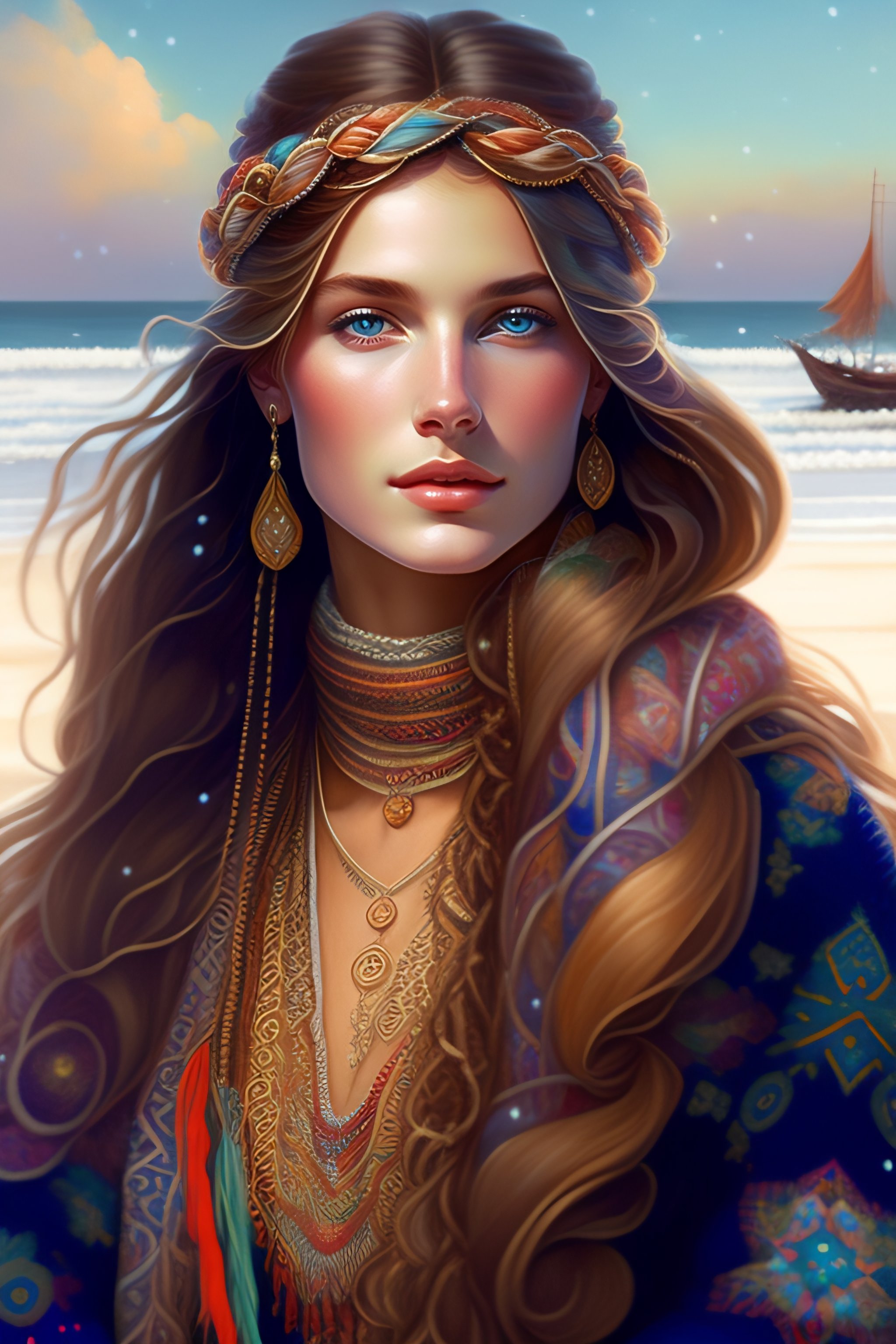 Lexica - A beautiful boho woman brownhair braided, with coloured ribbon ...