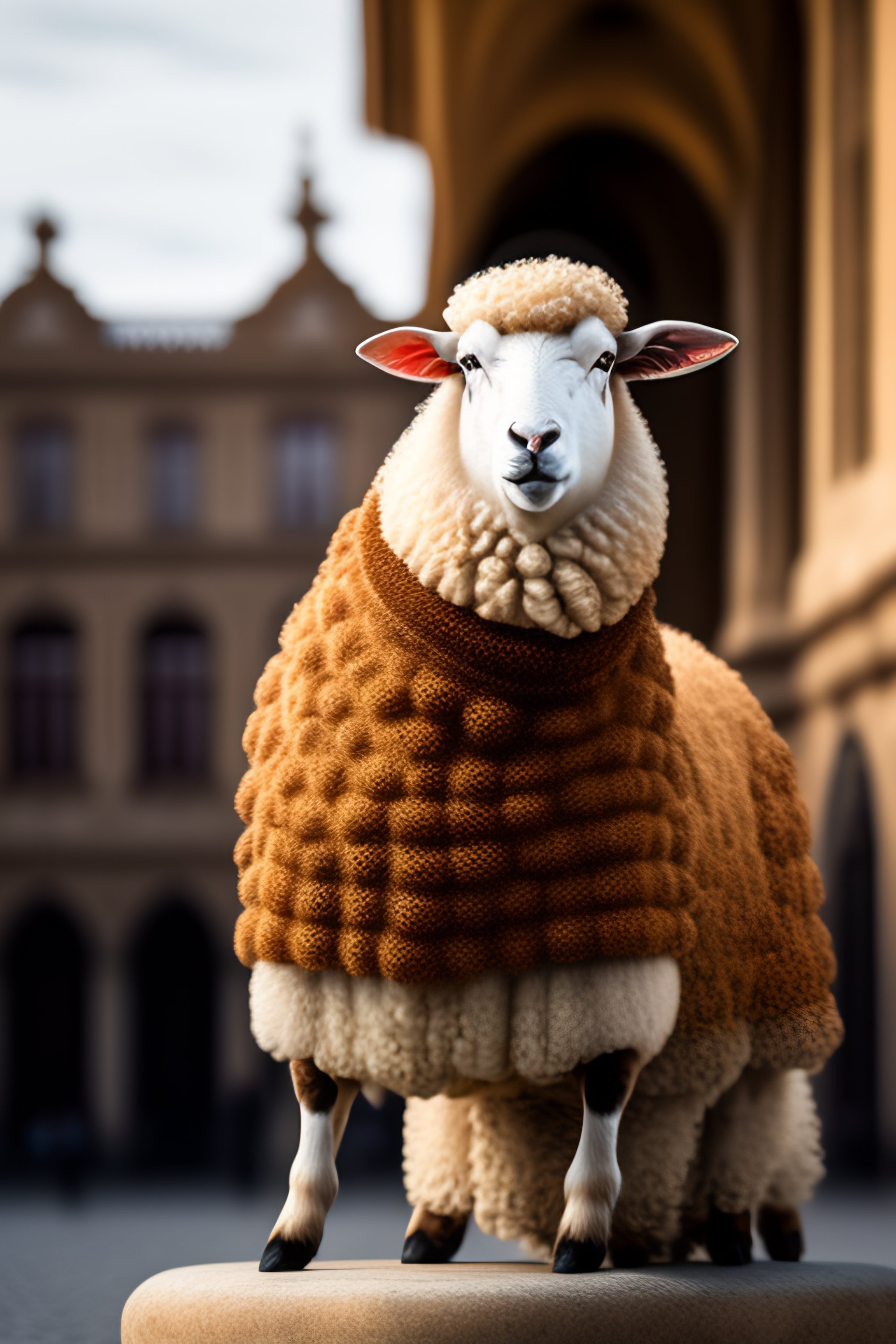 Lexica - Portait of a sheep in baroque armor in front of woollen palace