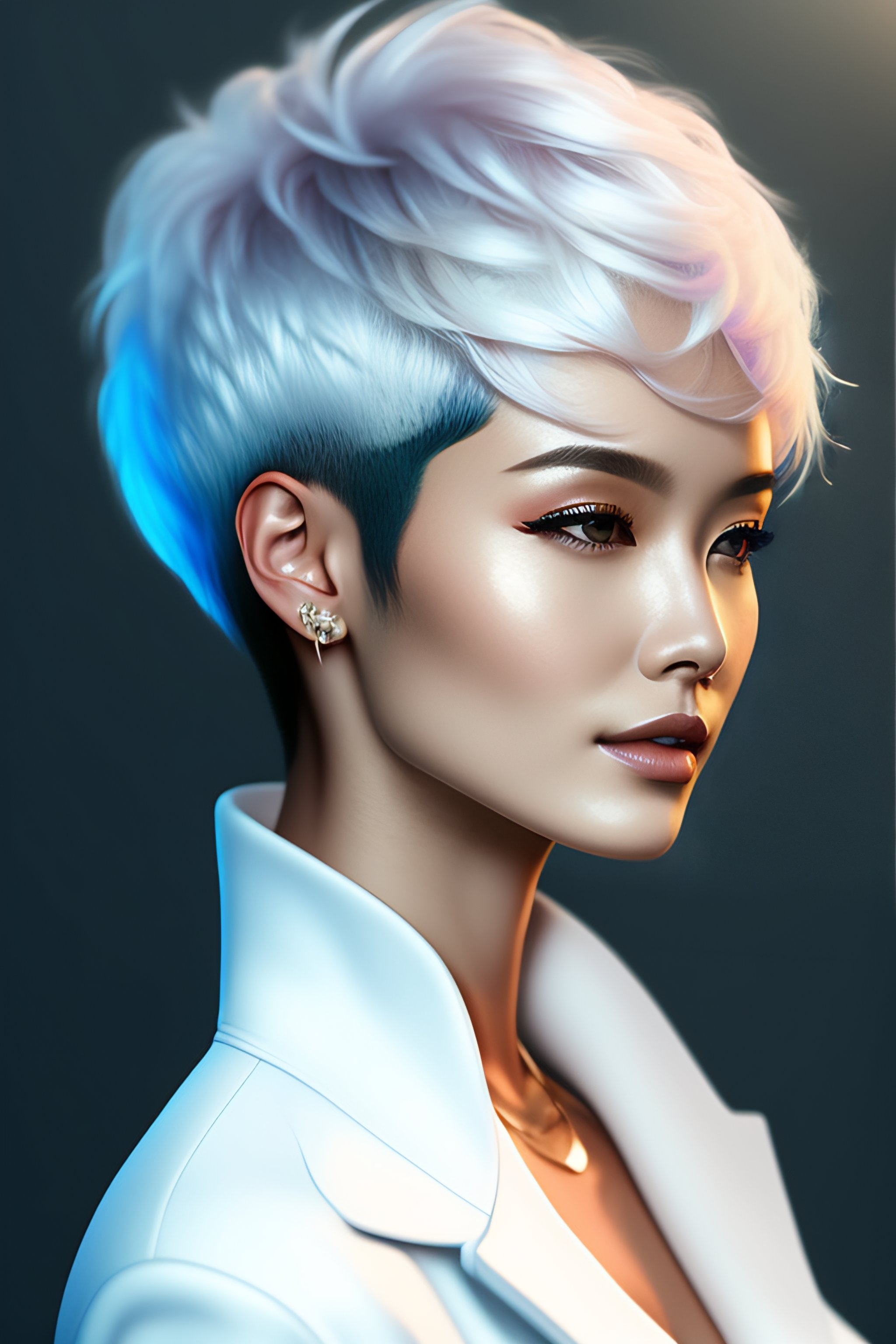 Lexica - White short pixie cut hair woman blue jacket Korean digital art