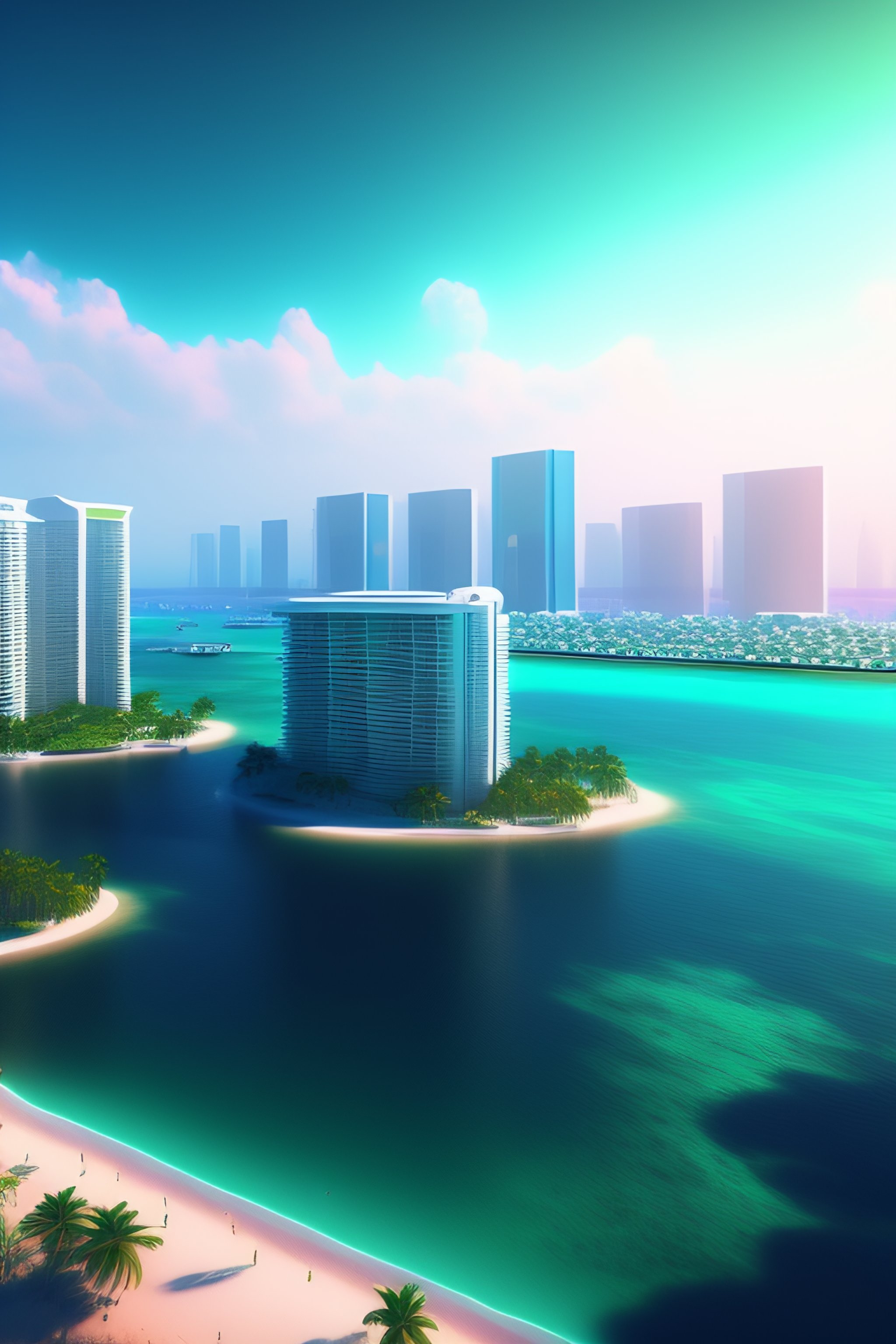 Lexica - Futuristic miami with crowded beach and humongous glass ...