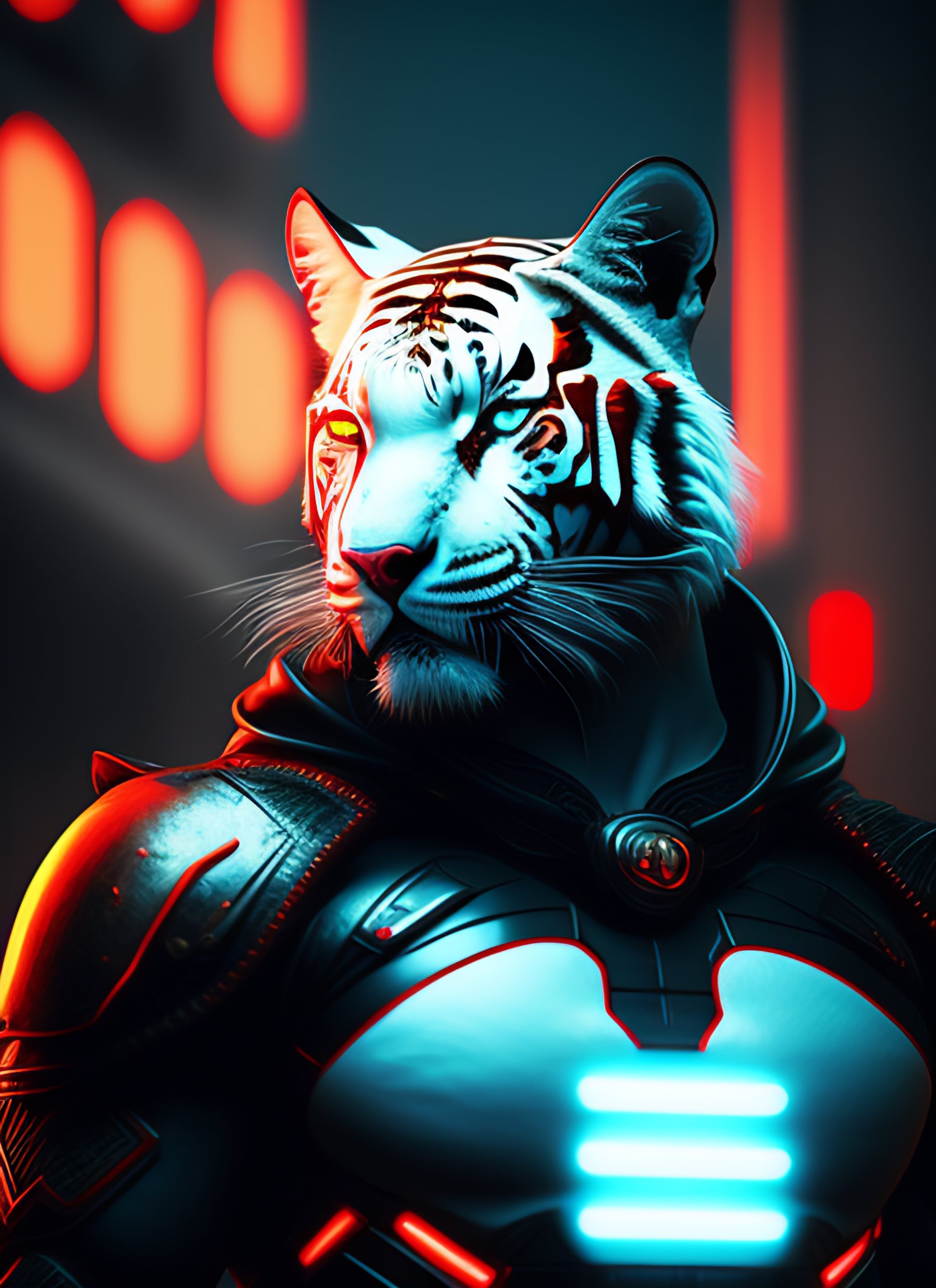 Lexica - White tiger humanoid, red lights, metropolis, cyber punk ...