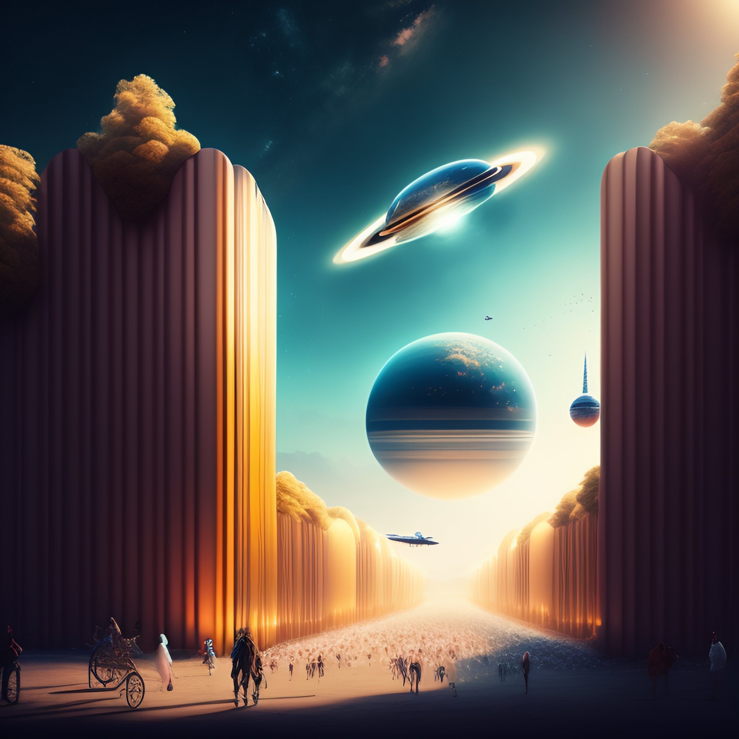 Lexica - Space full of floating buildings, cars, people, trees, animals ...