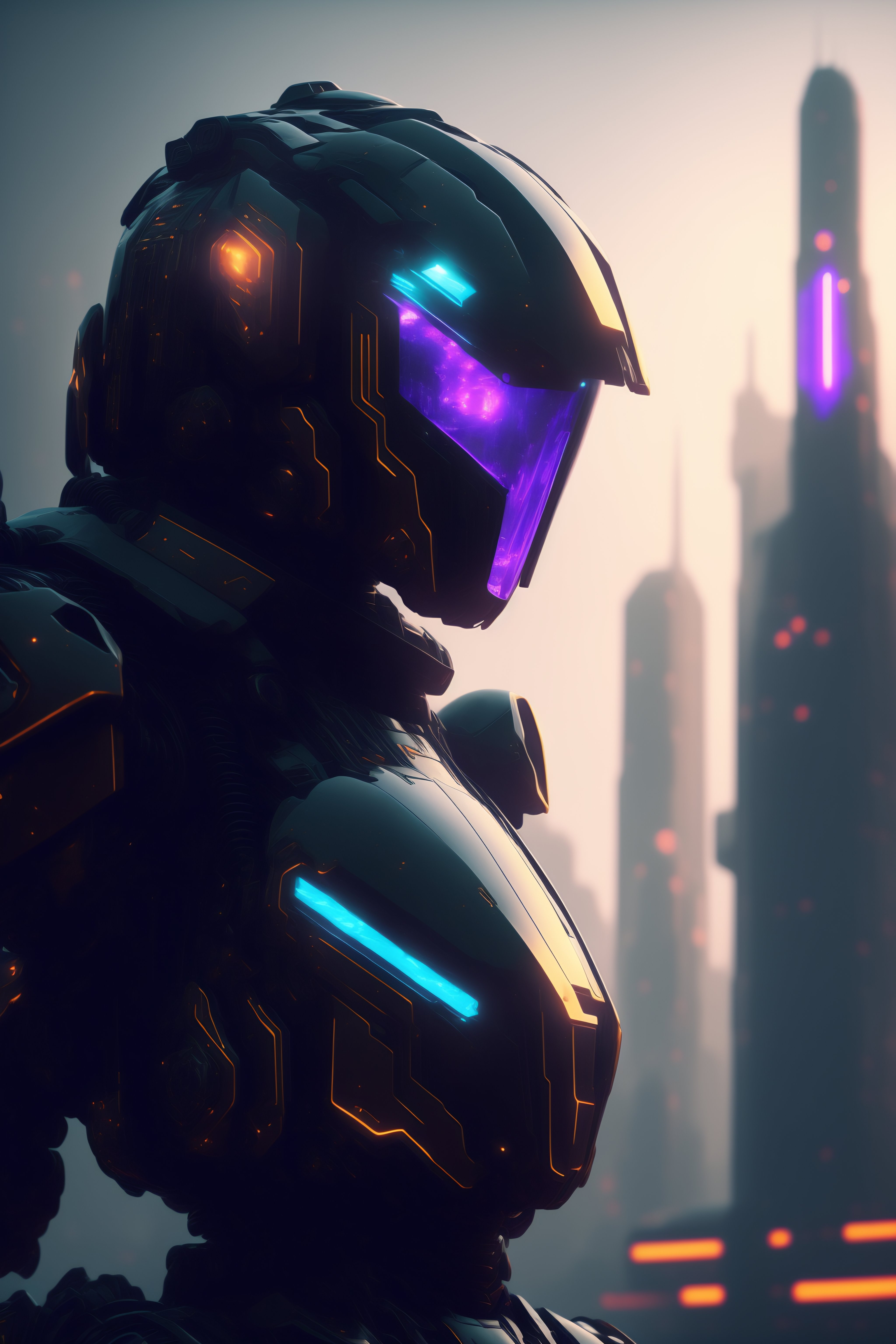 Lexica - Future battletech robot , night city in the background, muted ...