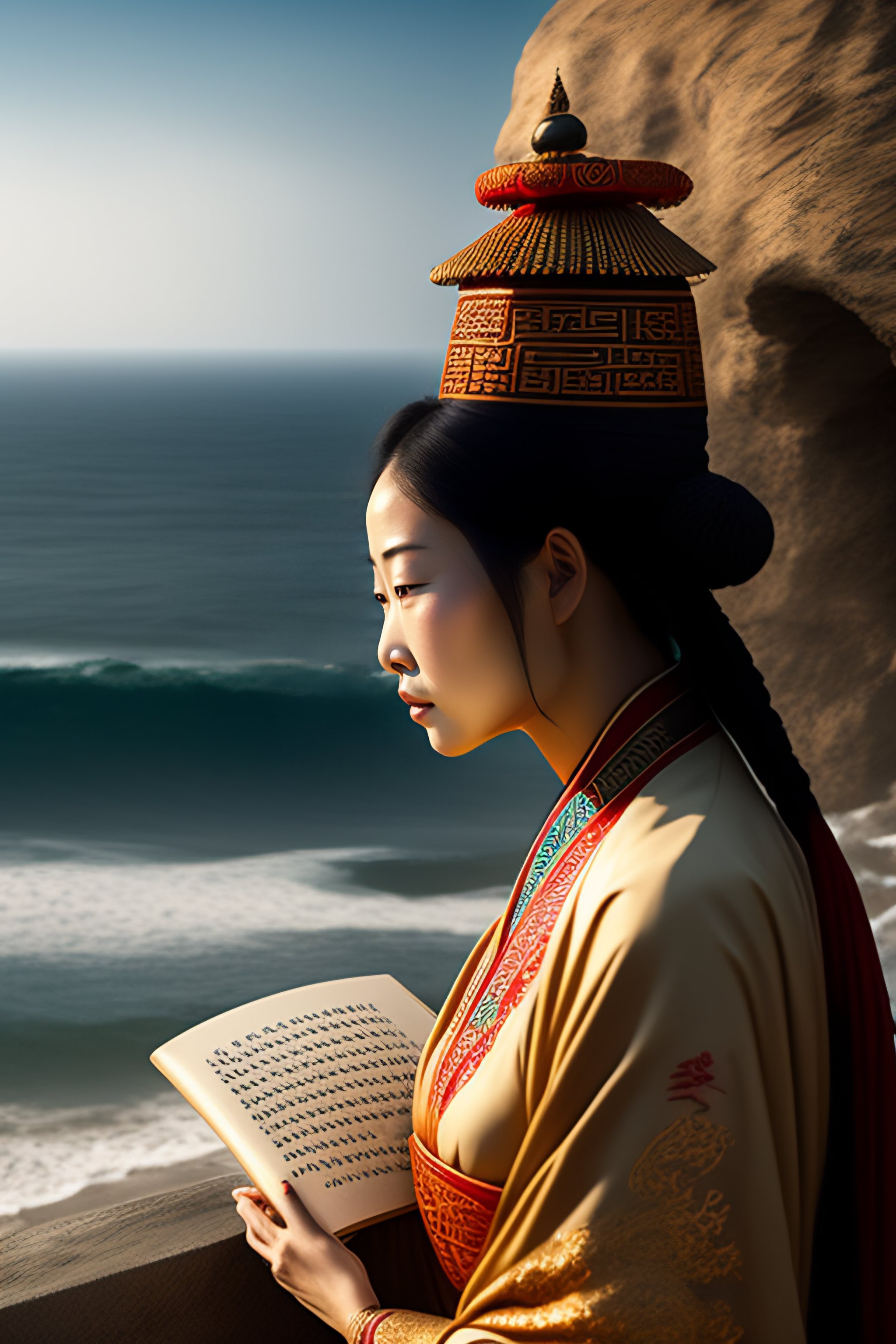 Lexica - Ancient chinese goddess writing by the sea