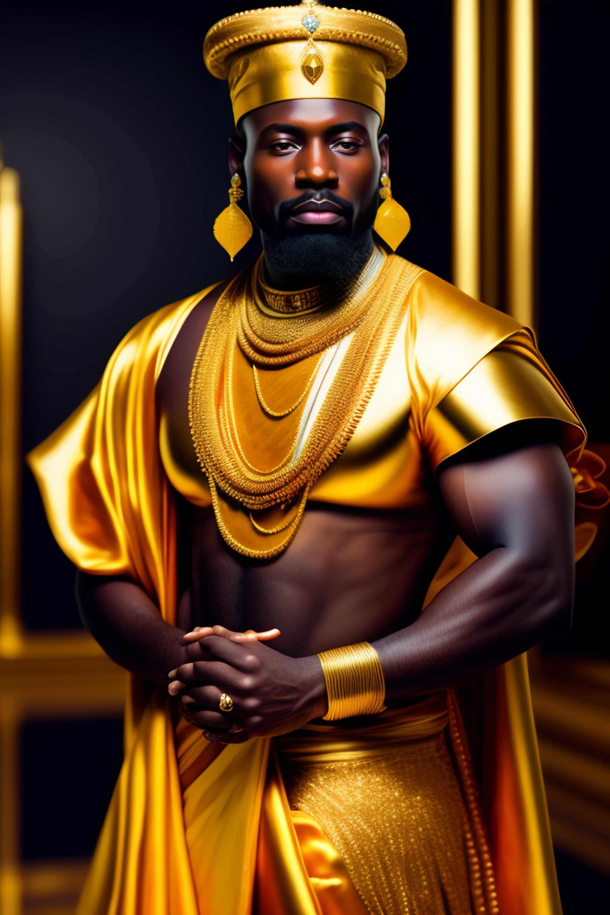 Lexica - A hyperrealistic portrait of Mansa Musa in gold dresses and ...
