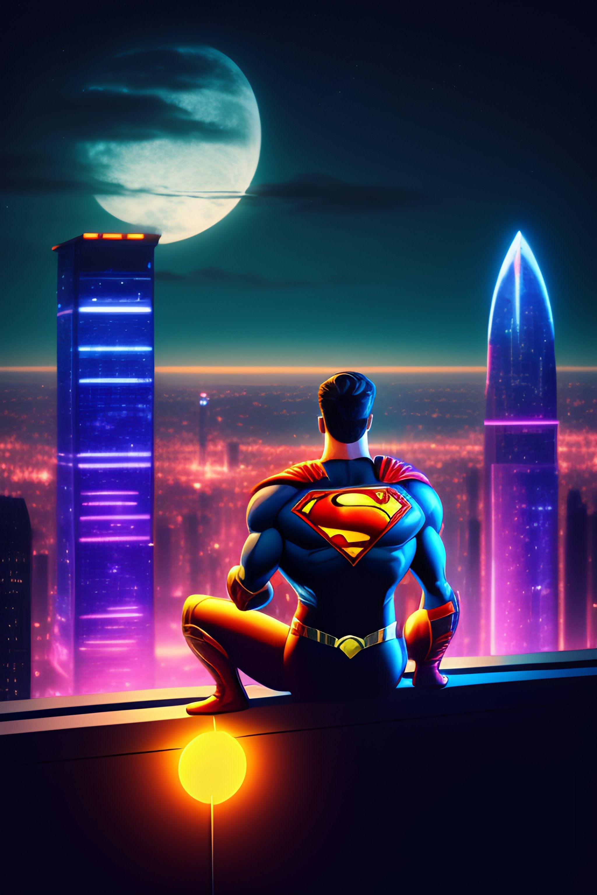 Lexica - A futuristic superman sitting on a roof looking down at a neon ...