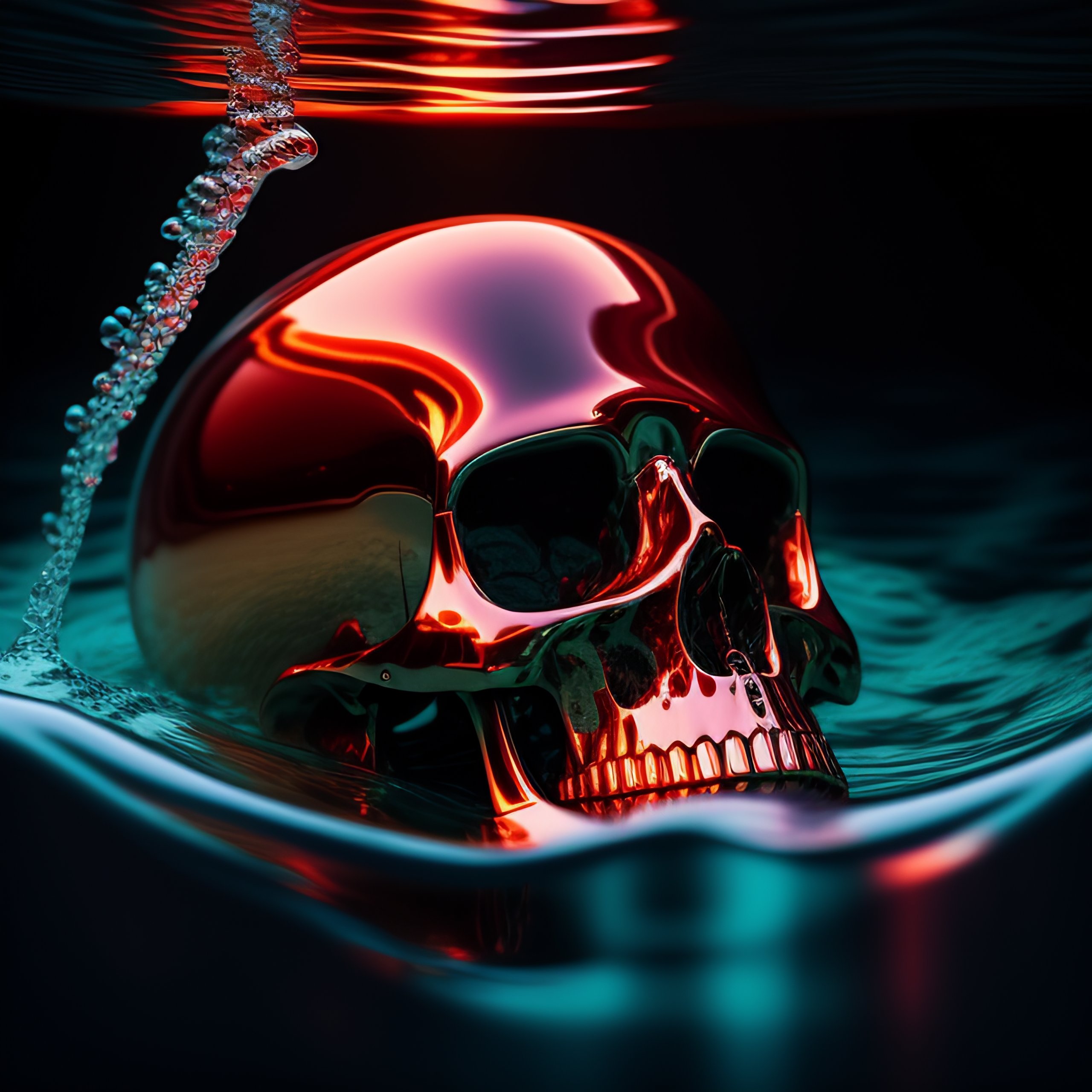 Lexica - Chrome skeleton with red eyes underwater, coming out of the ...