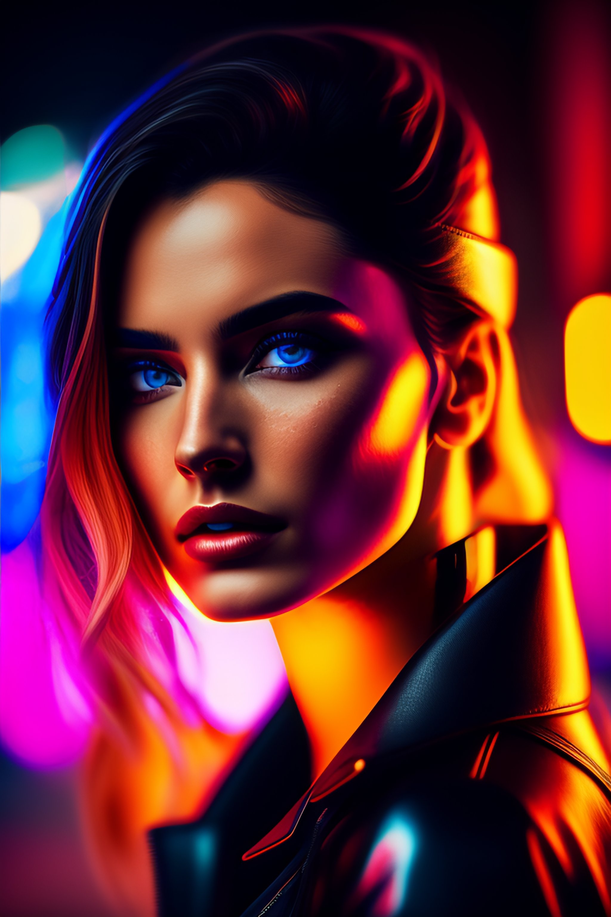 Lexica - Portrait photo of a cyber women's face, black leather jacket, beautiful clean detailed ...