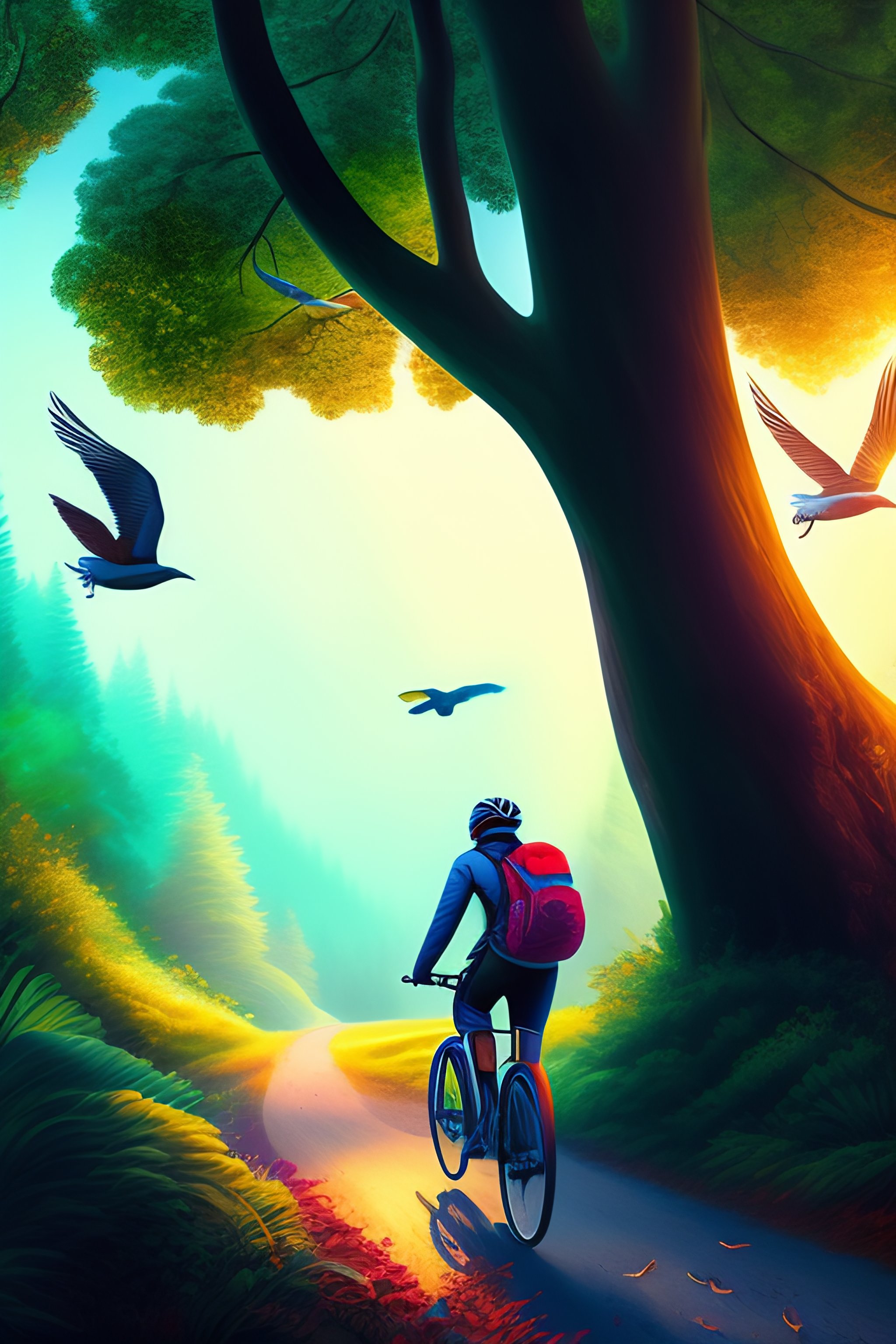 Lexica - Illustration of Daniel Cukier riding a bike in the woods, epic ...